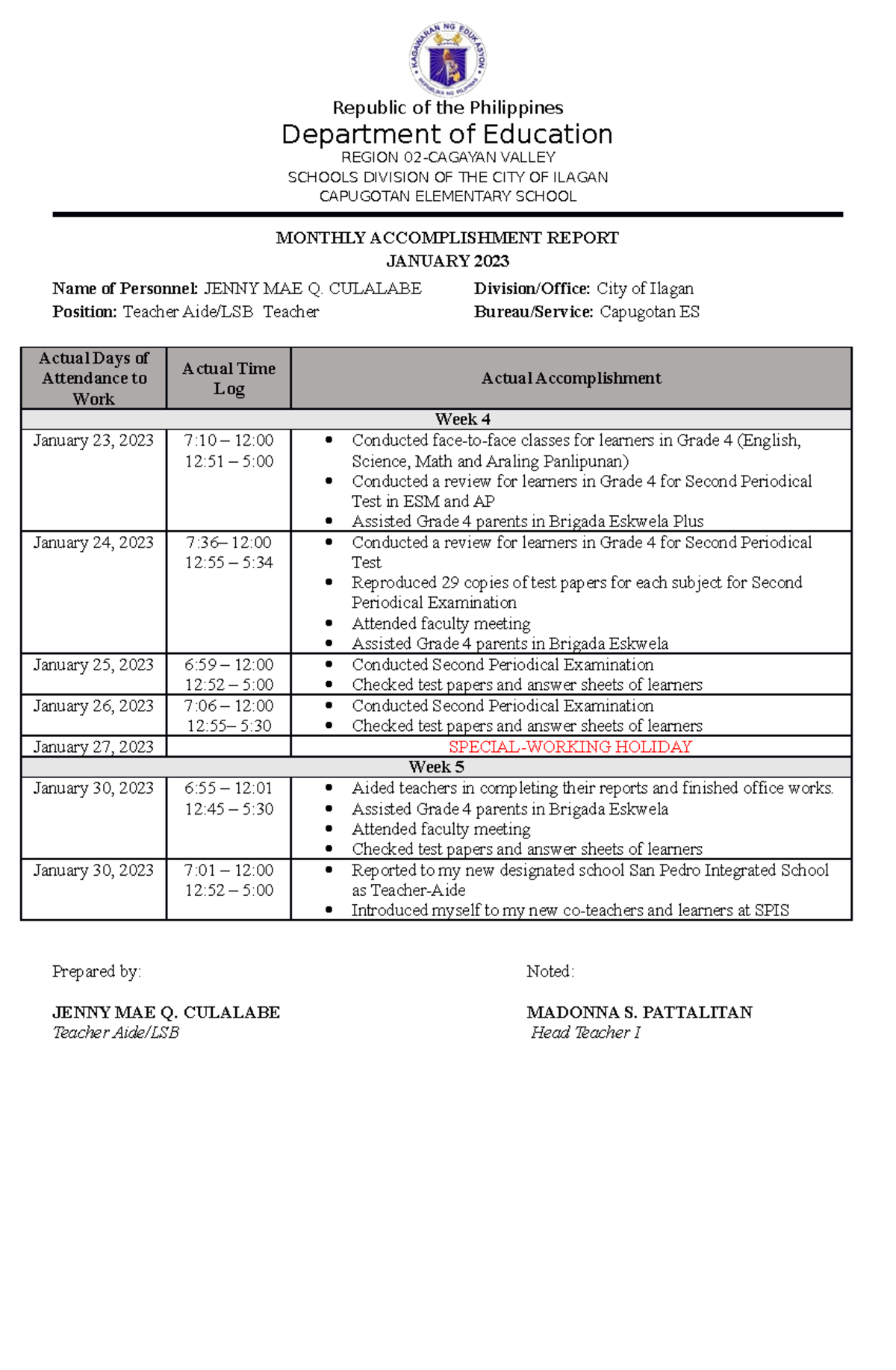 January Accomplishment Report 2023 - Republic of the Philippines Department of Education REGION ...