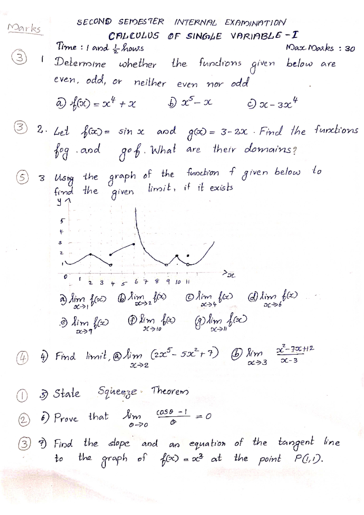 Sem 2 Internal 1- Calculus - SECOND SEMESTER INTERNAL EXAMINATION Marks CALCULUS OF SINGLE Time ...