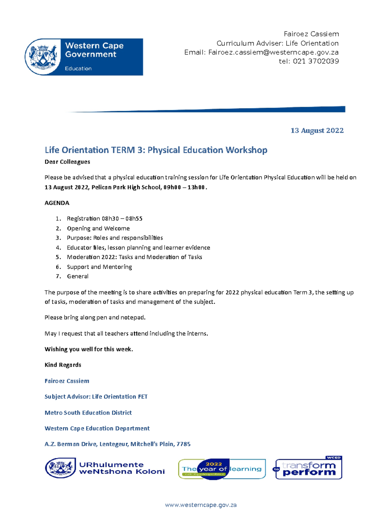 13 Aug 2022 Physical Education Training - 13 August 2022 Life Orientation TERM 3: Physical ...