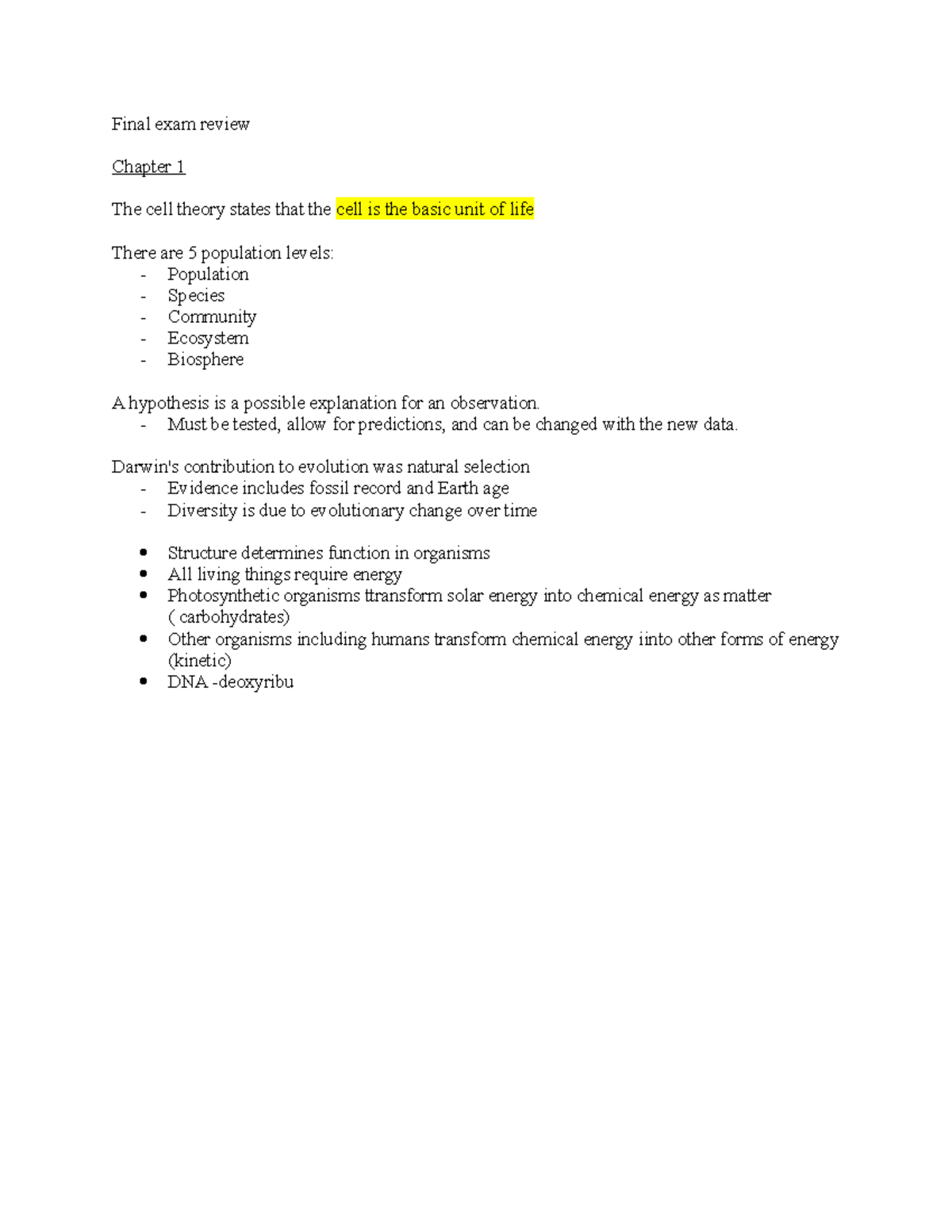 Final exam review - Summary Biosciences II - Final exam review Chapter ...