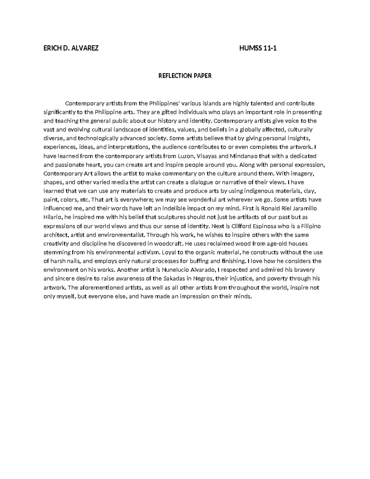 Conarts - ERICH D. ALVAREZ HUMSS 11- REFLECTION PAPER Contemporary ...
