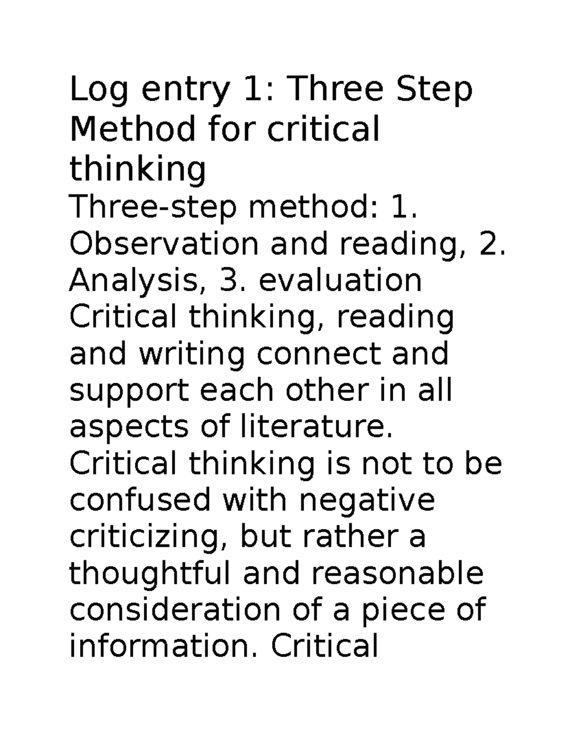 Cophil 1 - 1-assign - Log entry 1: Three Step Method for critical ...