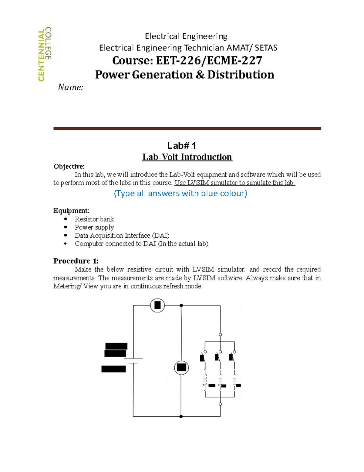 EET-226 Lab # 1 introduction to labvolt - ` Electrical Engineering ...