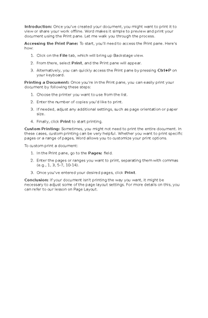 Printing Documents - Printing a Document: To print a document in Word ...