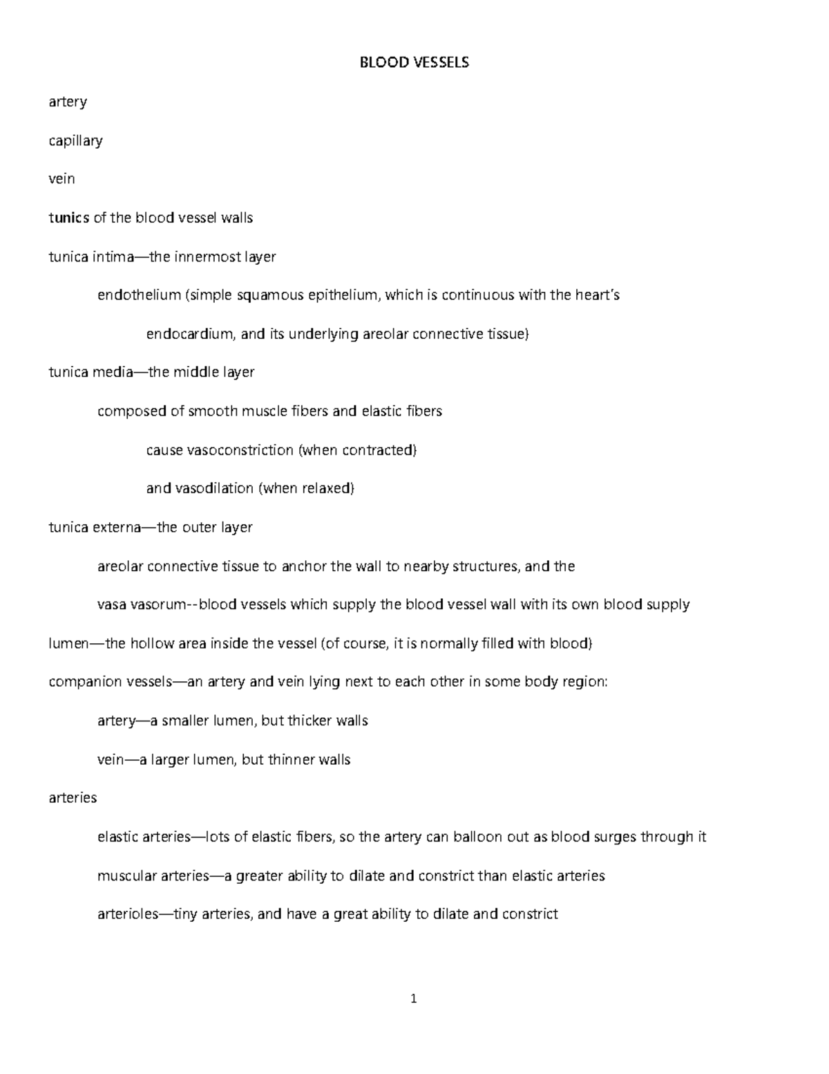 Blood Vessels Notes - BLOOD VESSELS artery capillary vein tunics of the ...