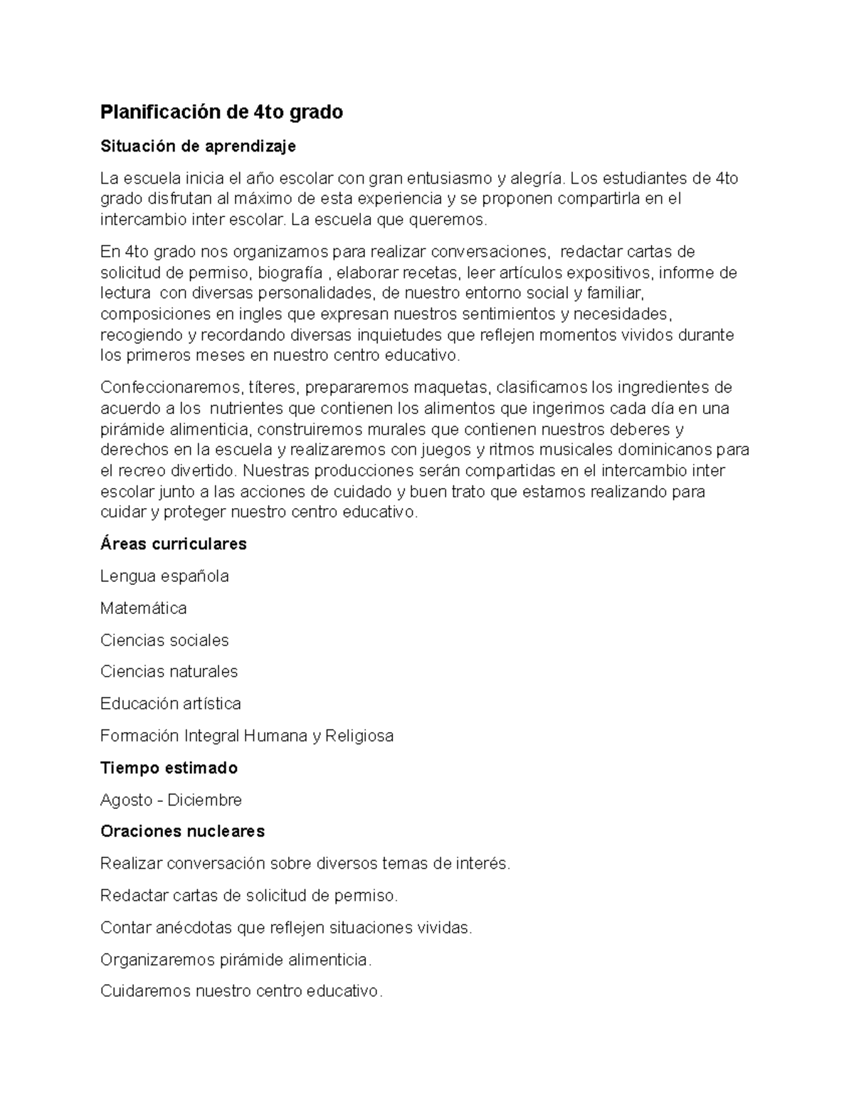 Planificacion anual de 4to grado - Planificación de 4to grado Situación ...