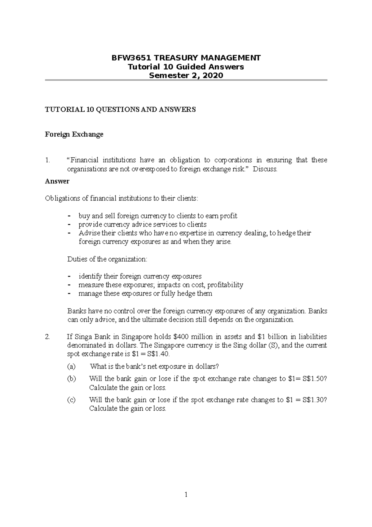 BFW3651 Semester 2, 2020 Tutorial 10 Answer Guide - BFW3651 TREASURY ...