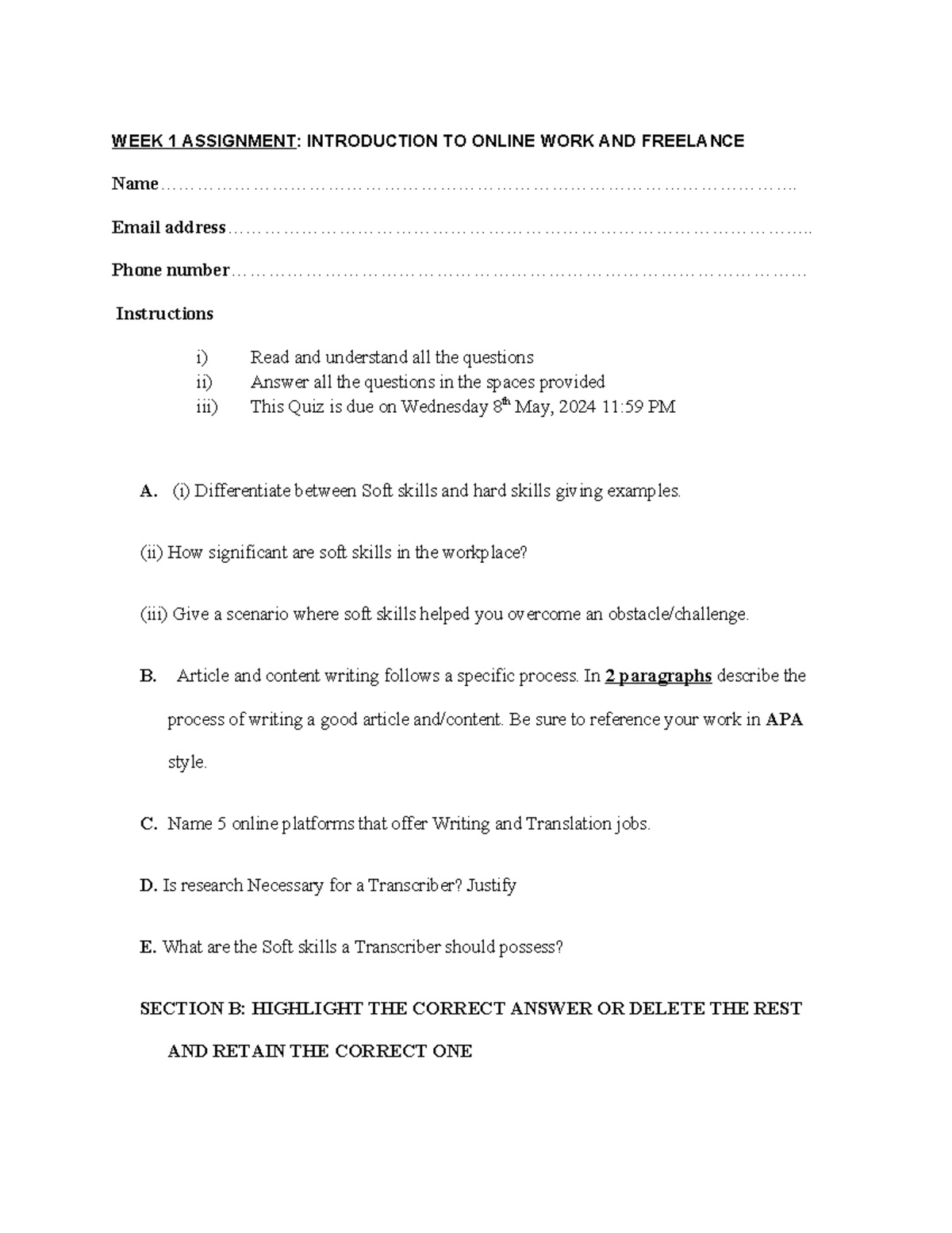 Week 1 Assignment - WEEK 1 ASSIGNMENT: INTRODUCTION TO ONLINE WORK AND ...