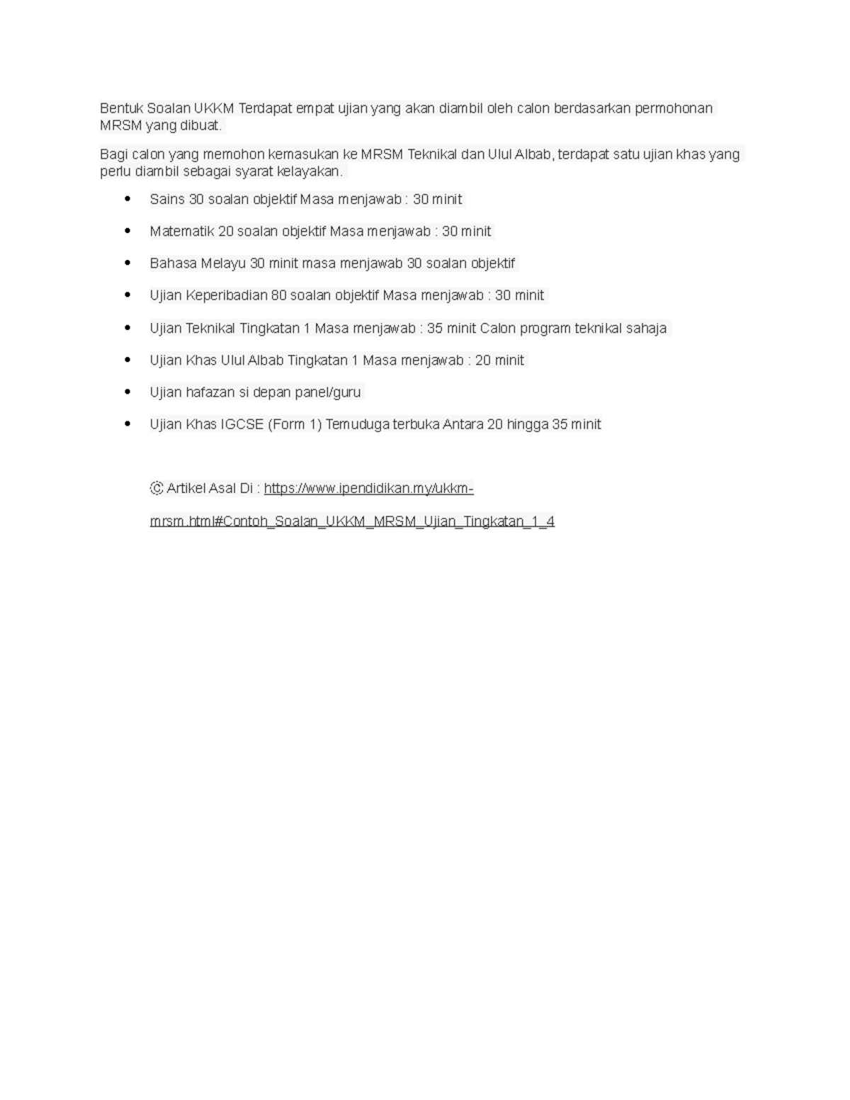 Exam Format UKKM - Bentuk Soalan UKKM Terdapat empat ujian yang akan ...