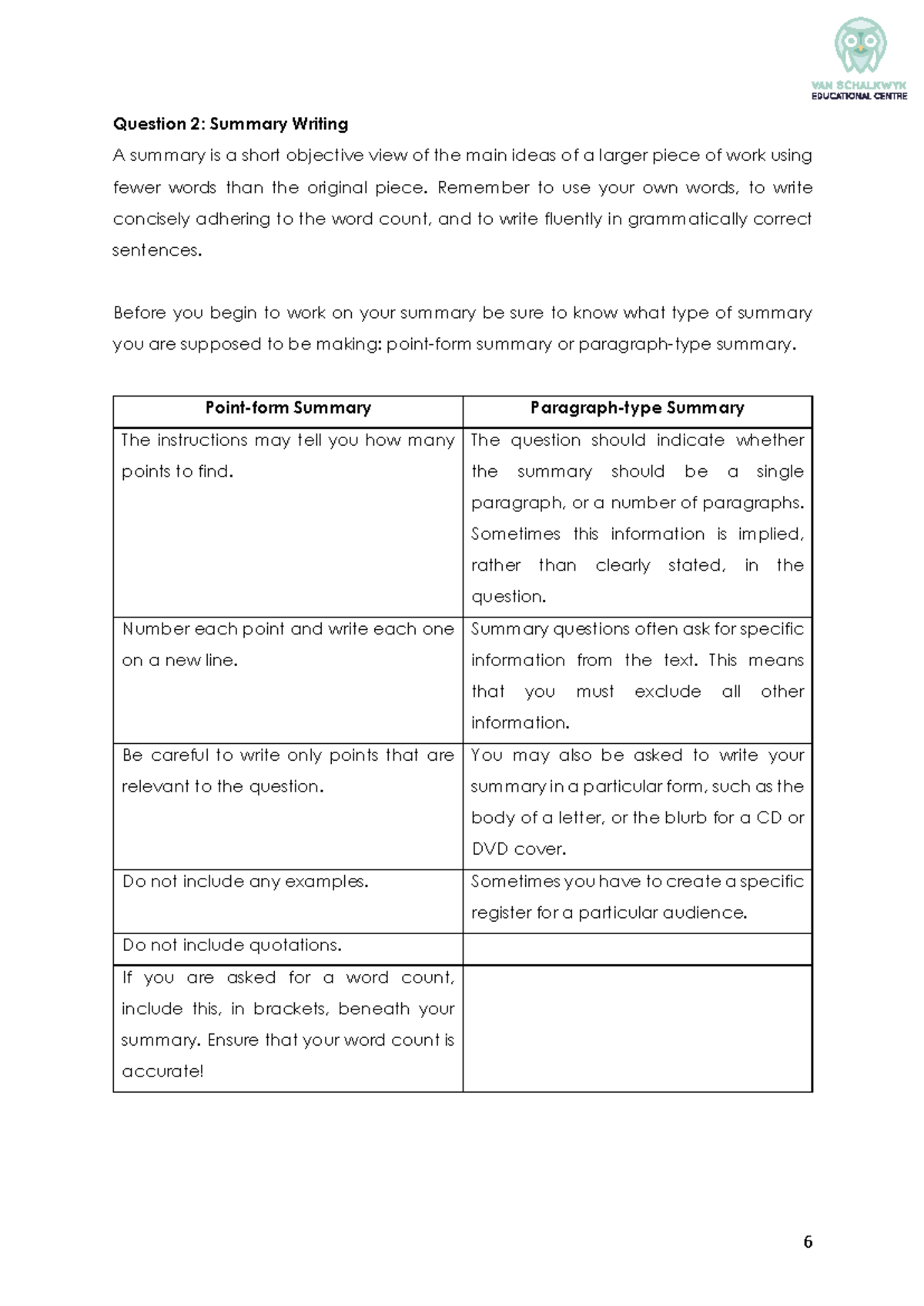 Summary writing - Question 2: Summary Writing A summary is a short ...