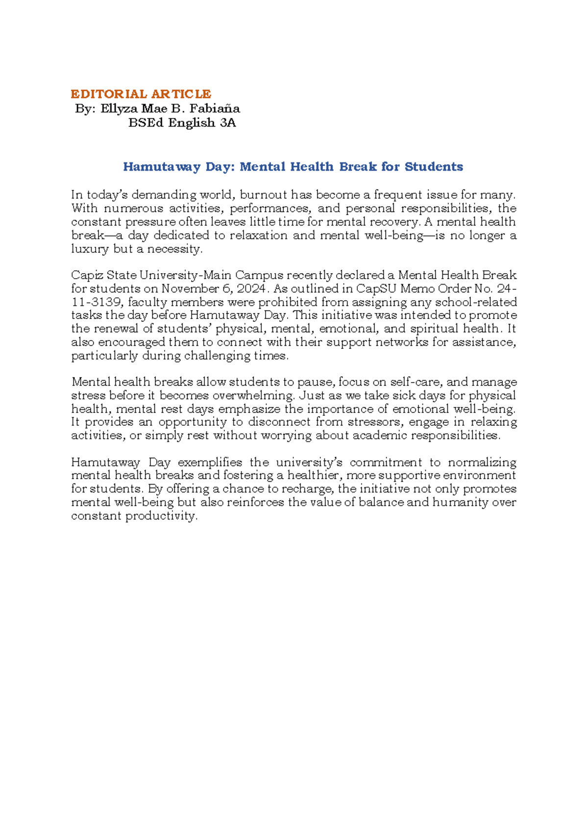 Articles - school - EDITORIAL ARTICLE By: Ellyza Mae B. Fabiaña BSEd ...