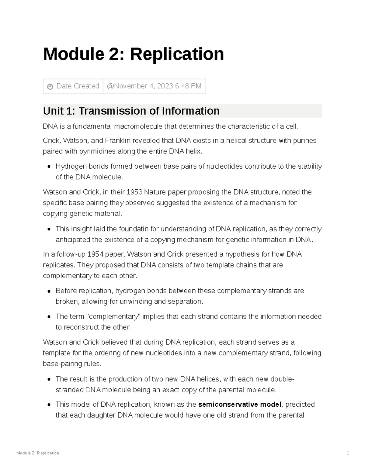 Module 2 Replication - Module 2: Replication Date Created Unit 1: Transmission of Information ...