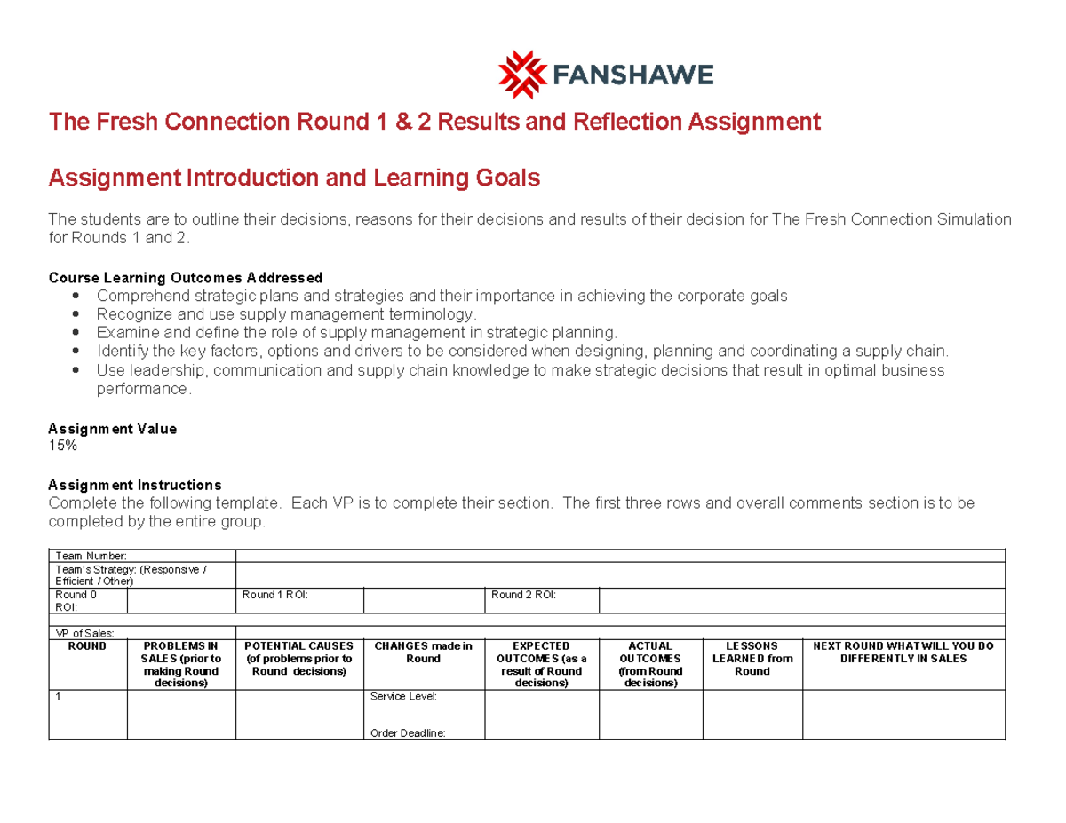 The Fresh Connection Round 1 & 2 Results and Reflection Assignment ...