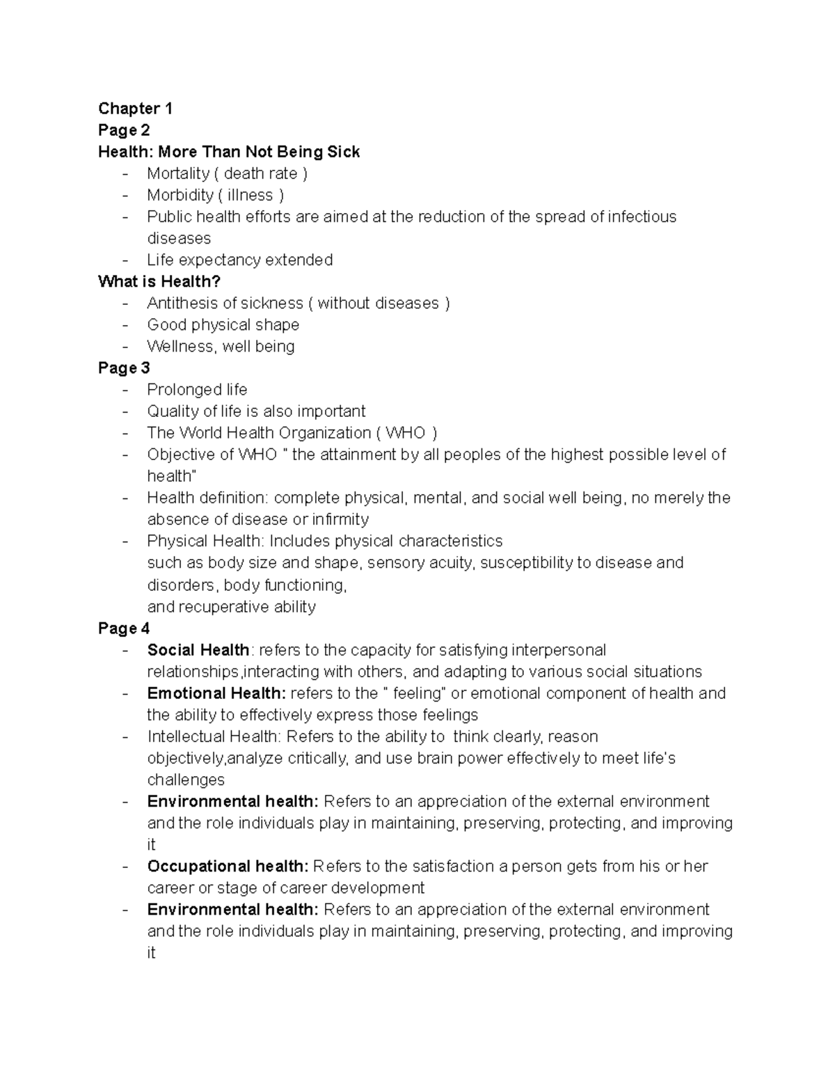 Determinnents of health Notes - Chapter 1 Page 2 Health: More Than Not ...
