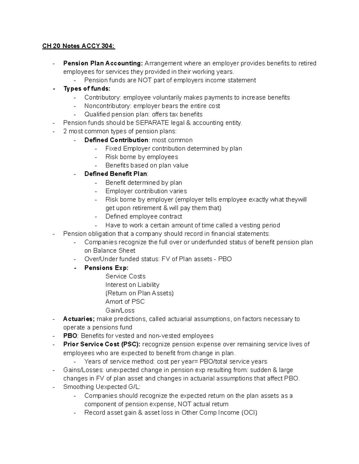 CH 20 Notes ACCY 304 - CH 20 Notes ACCY 304: Pension Plan Accounting ...