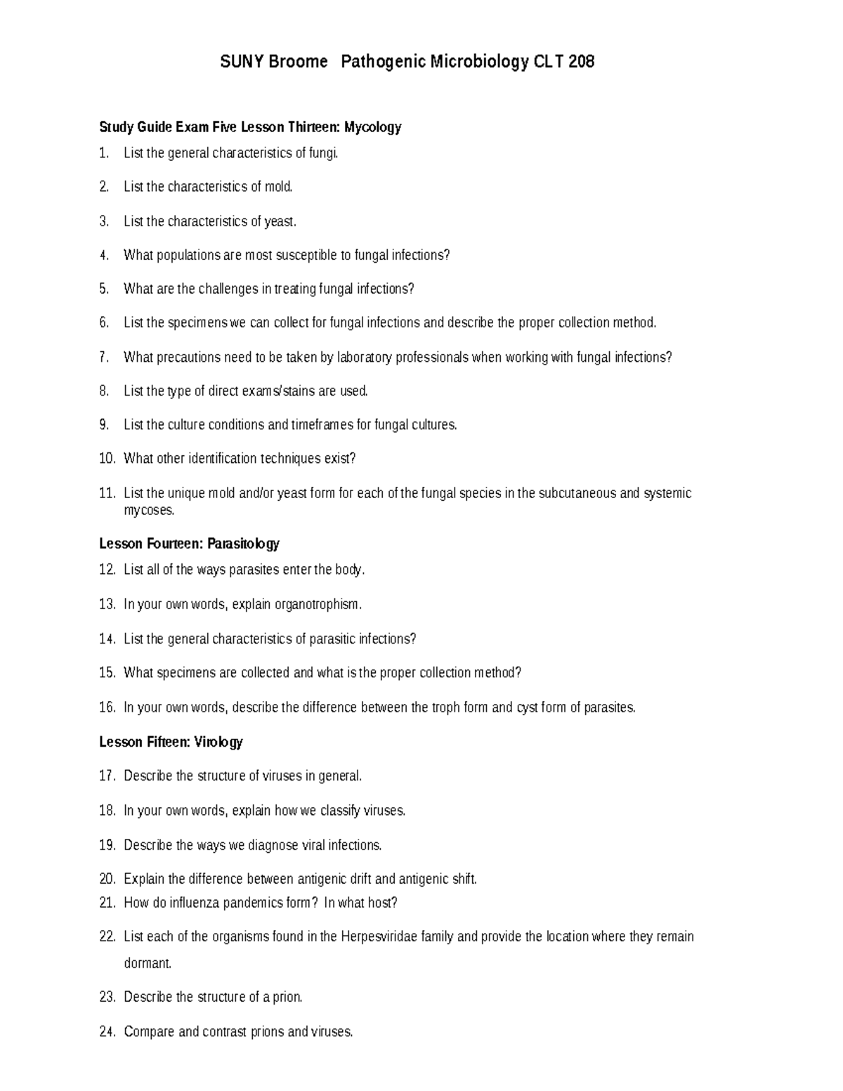 CLT 208 Exam 5 Study Guide updated 2023 - SUNY Broome Pathogenic ...
