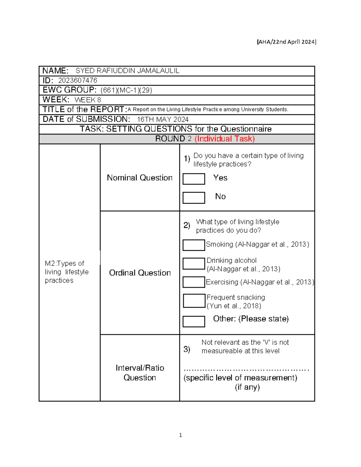 Round 2 Syed Rafiuddin - [AHA/22nd April 2024] 1 NAME: ID: EWC GROUP ...