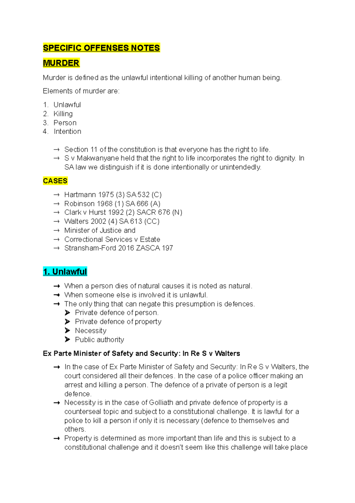 Specific Offences Notes - Copy - SPECIFIC OFFENSES NOTES MURDER Murder ...