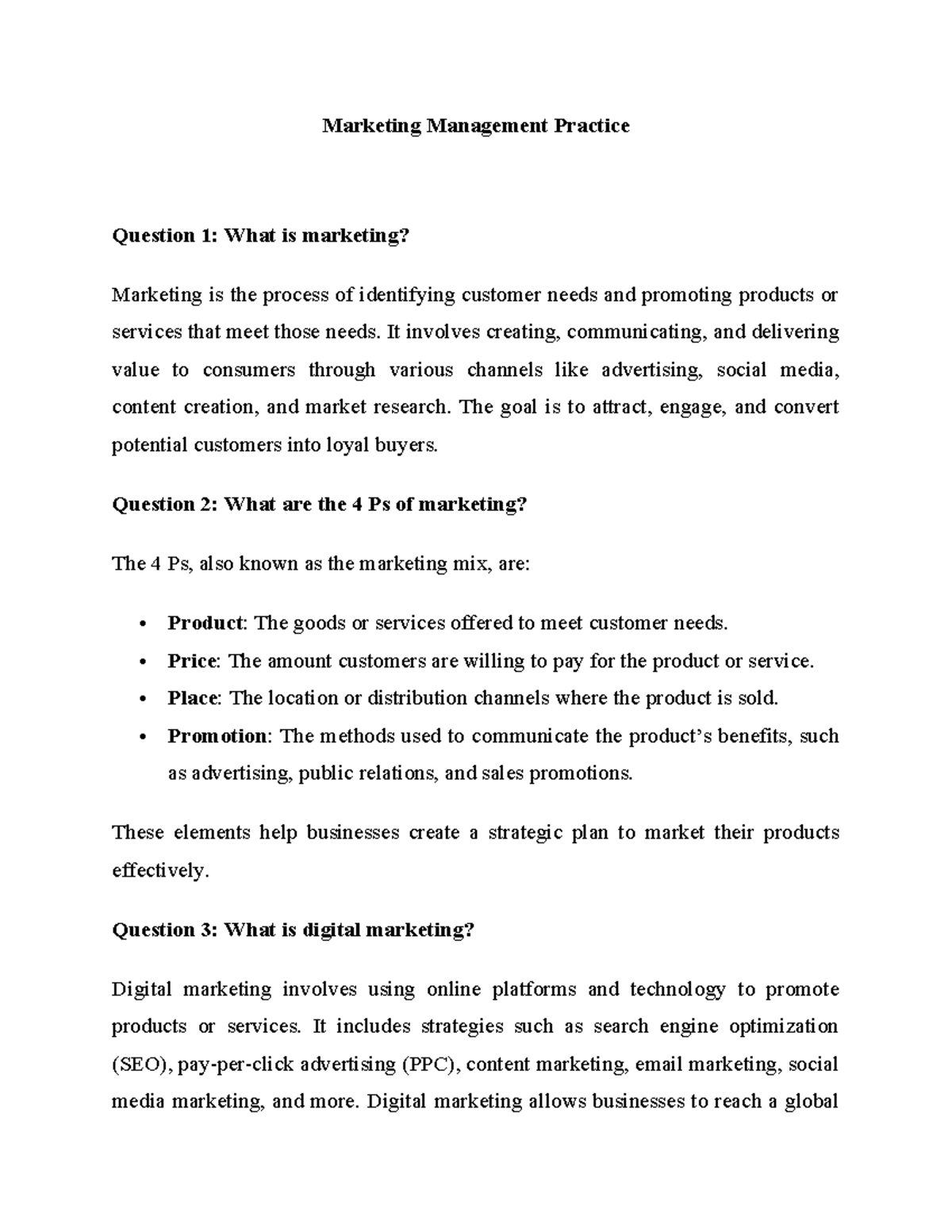 Marketing Management - task - Marketing Management Practice Question 1 ...