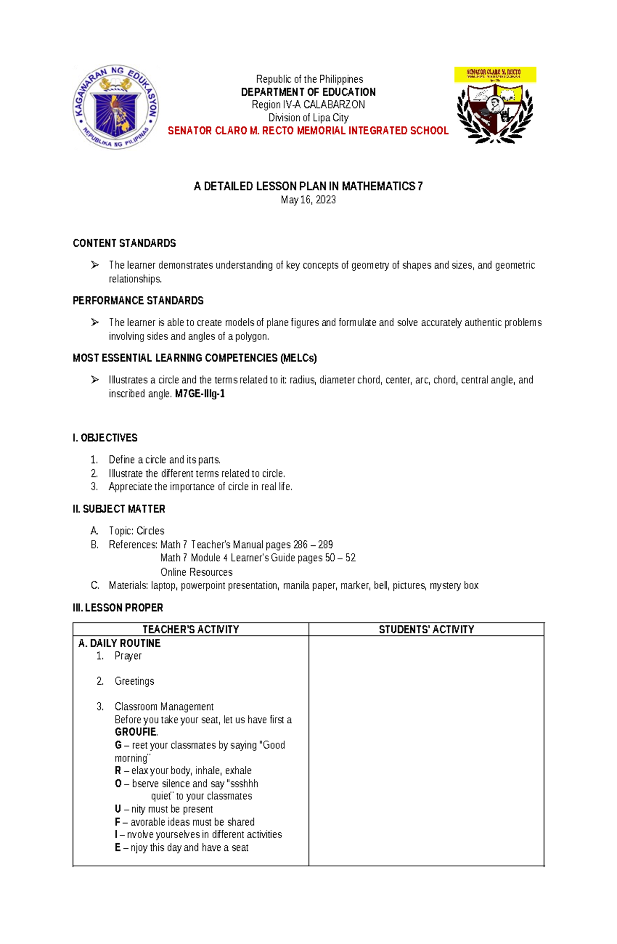 Lesson-Plan - Summary BSED-Math - Republic of the Philippines DEPARTMENT OF EDUCATION Region IV ...