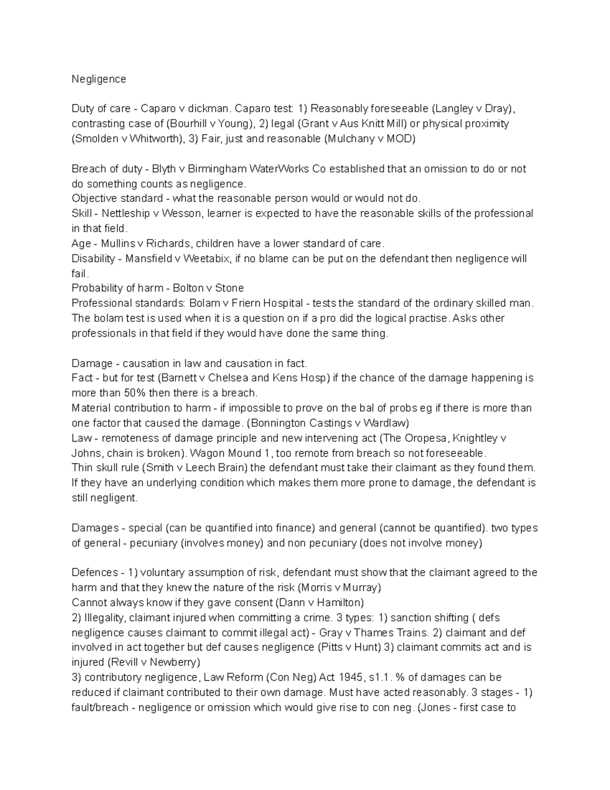 Tort Revision - Lecture notes 1-8 - Negligence Duty of care - Caparo v ...