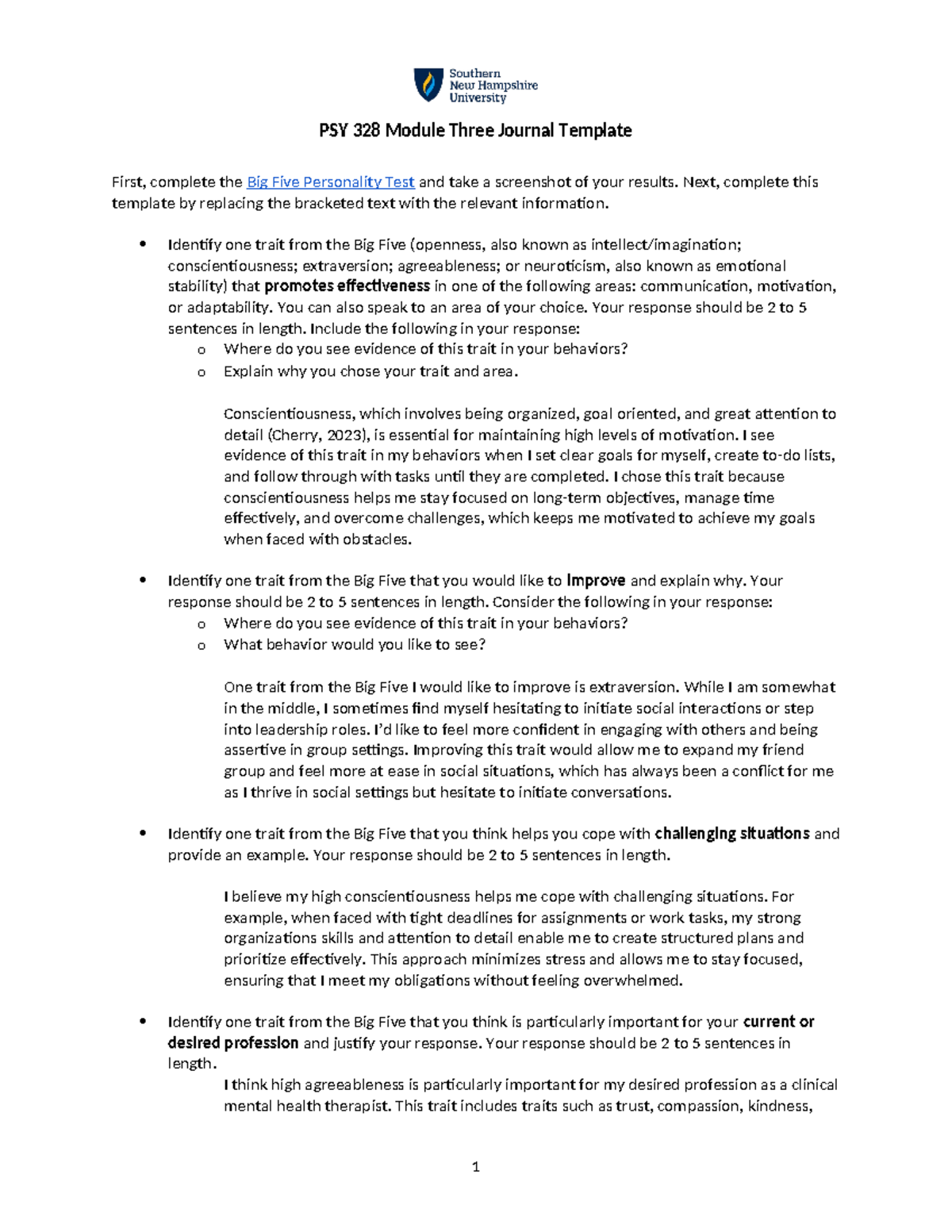 PSY 328 Module Three Journal - Next, complete this template by replacing the bracketed text with ...