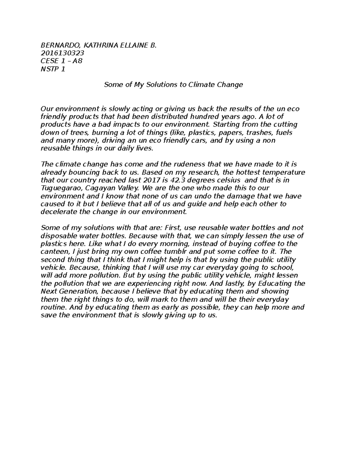 Some of My Solutions to Climate Change - BERNARDO, KATHRINA ELLAINE B ...