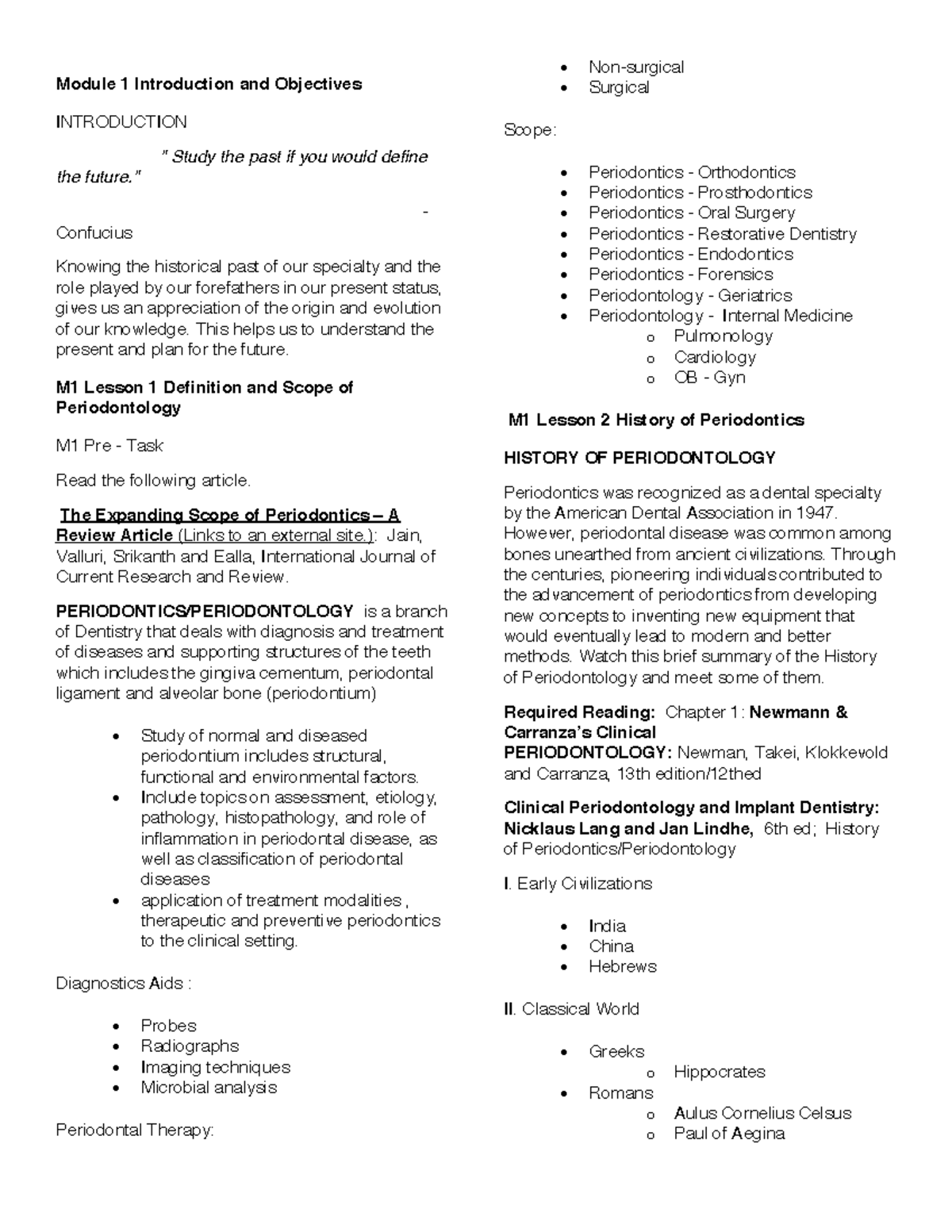 Perio 1 - Notes - Module 1 Introduction and Objectives INTRODUCTION ...