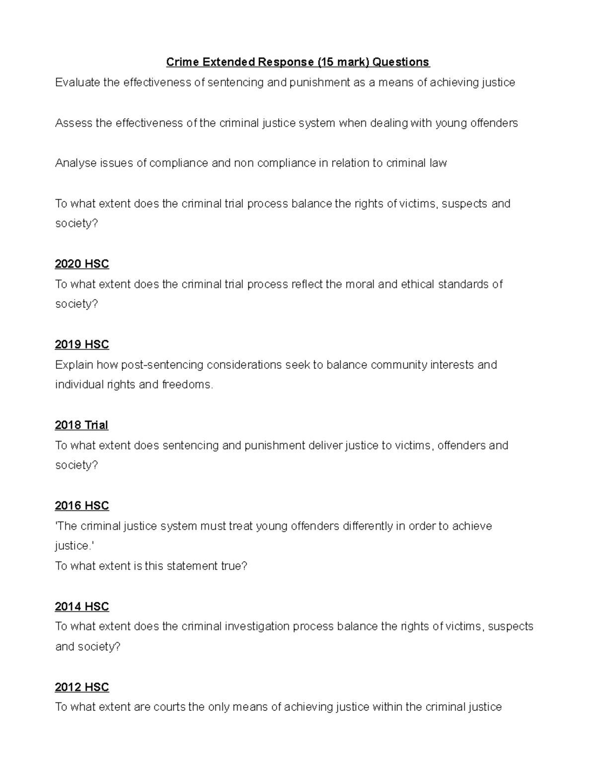 Past Crime Extended Response Questions - Crime Extended Response (15 ...