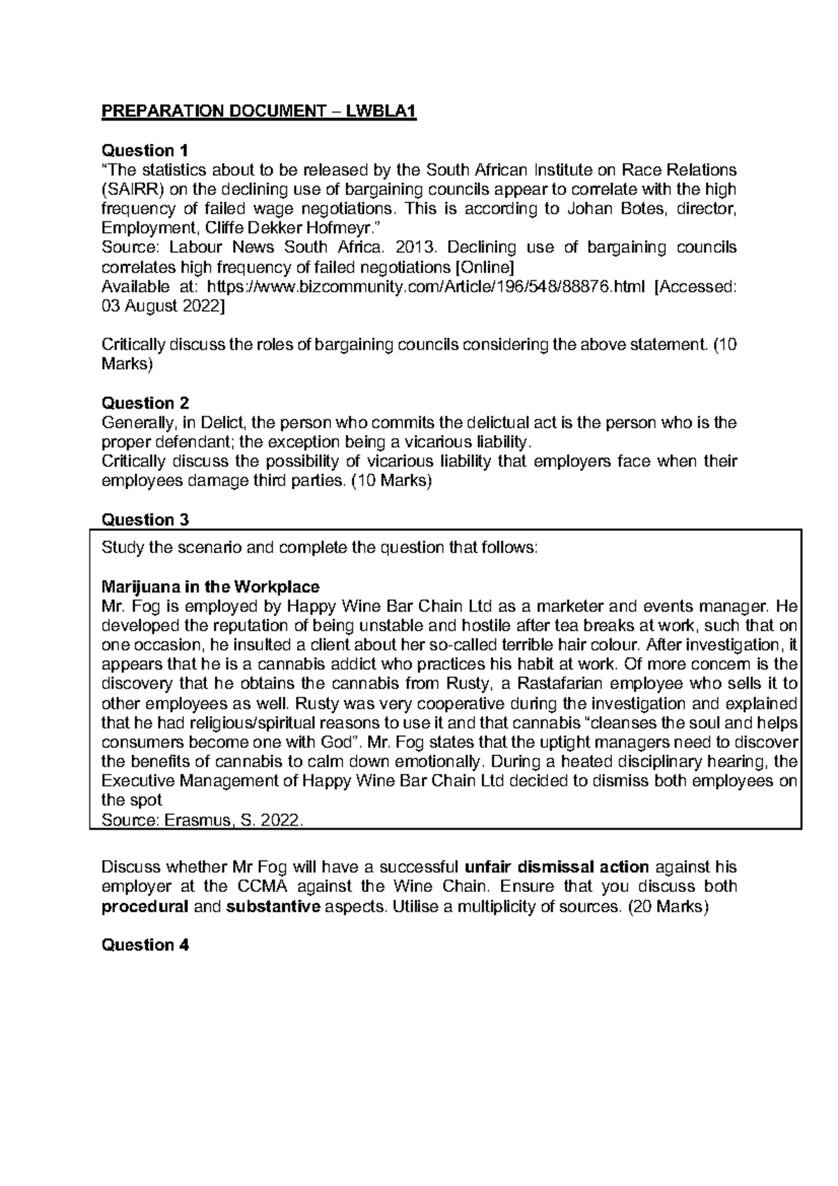 Exam preparation document - PREPARATION DOCUMENT – LWBLA Question 1 ...