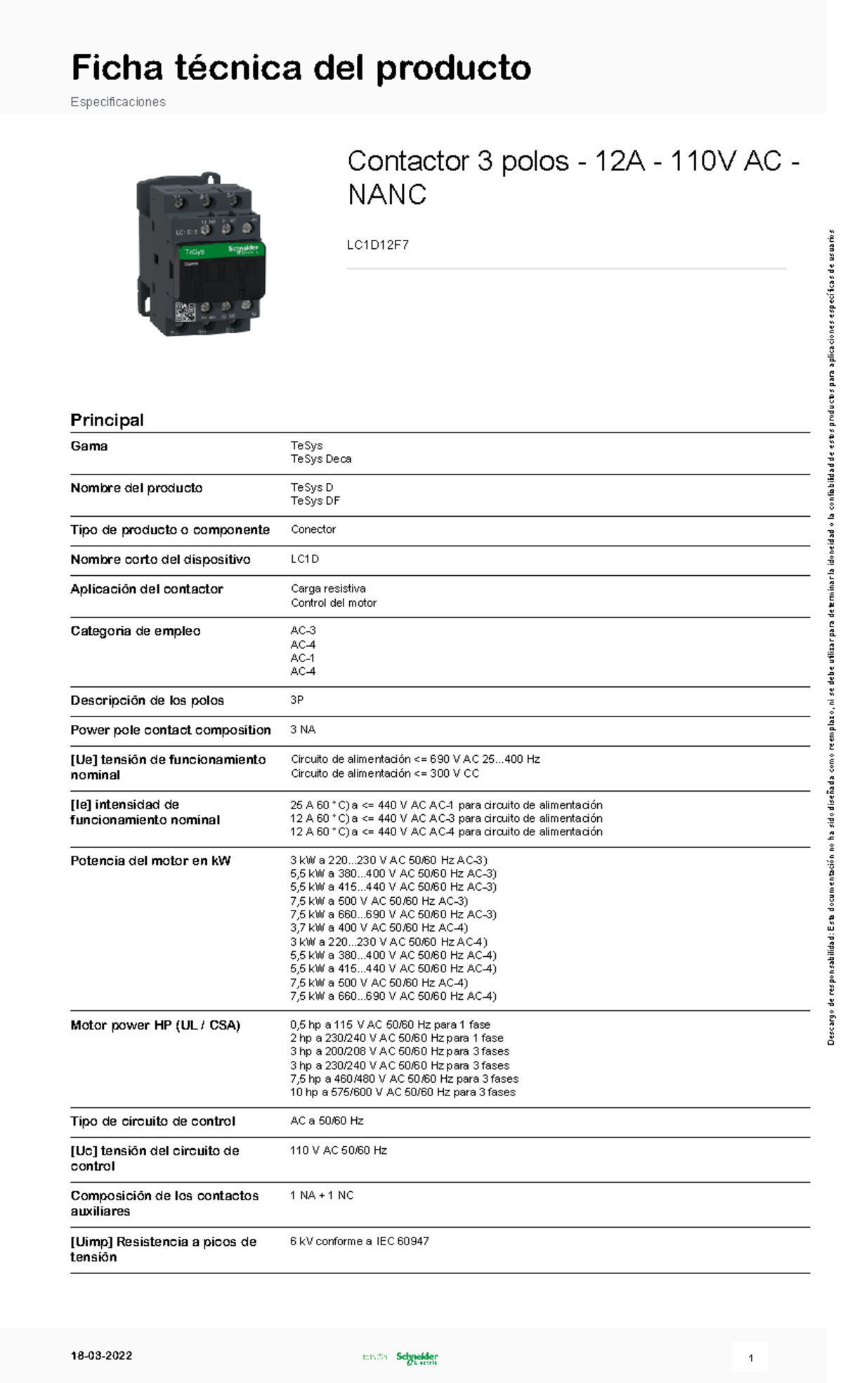 Datasheet de Contactores Te Sys Deca LC1D12F7 - Ficha técnica del ...