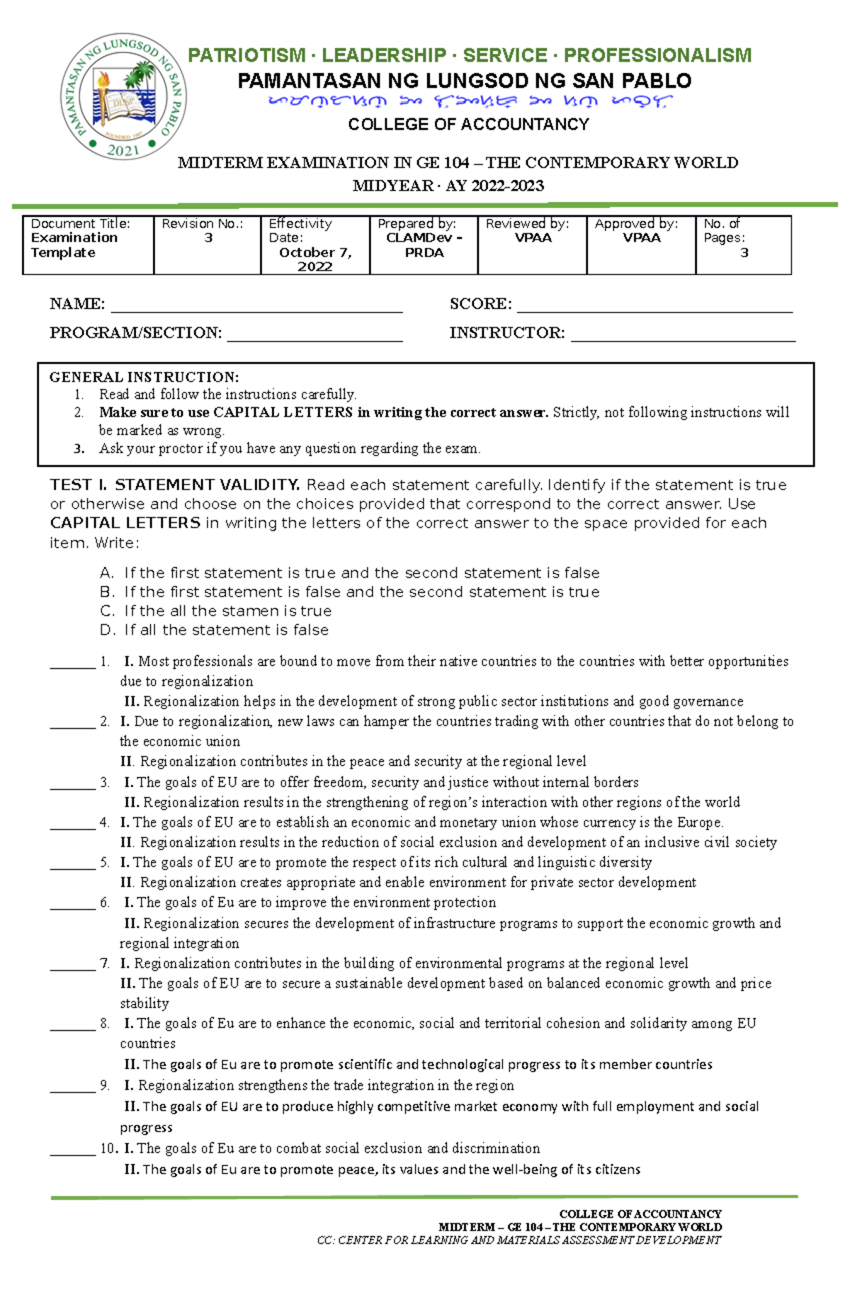 GE104 COA Midterm EXAM - Document Title: Examination Template Revision ...
