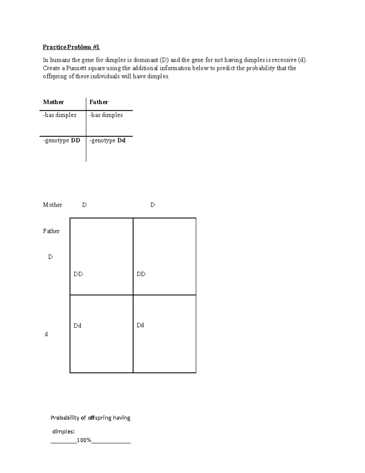 Punnett Square Practice Problems - Practice Problem # In humans the ...