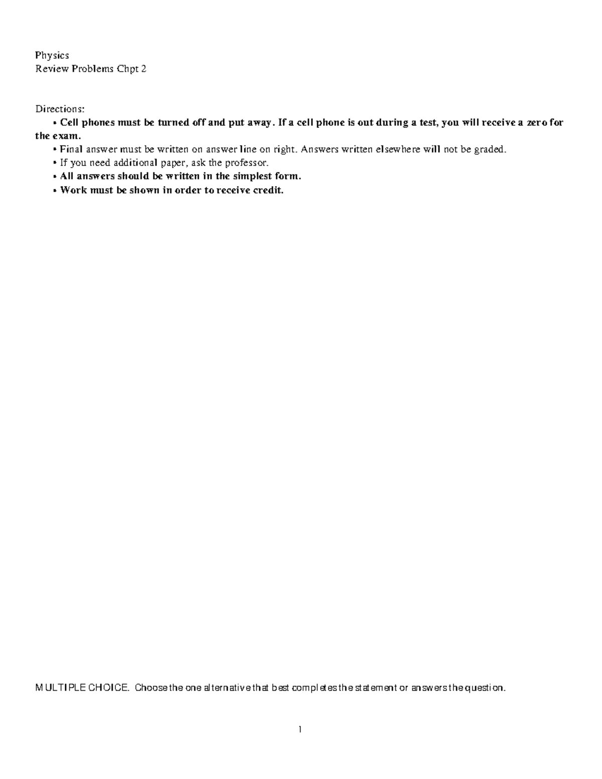 Chapter 2 Practice Problems - Physics Review Problems Chpt 2 Directions: Cell phones must be ...