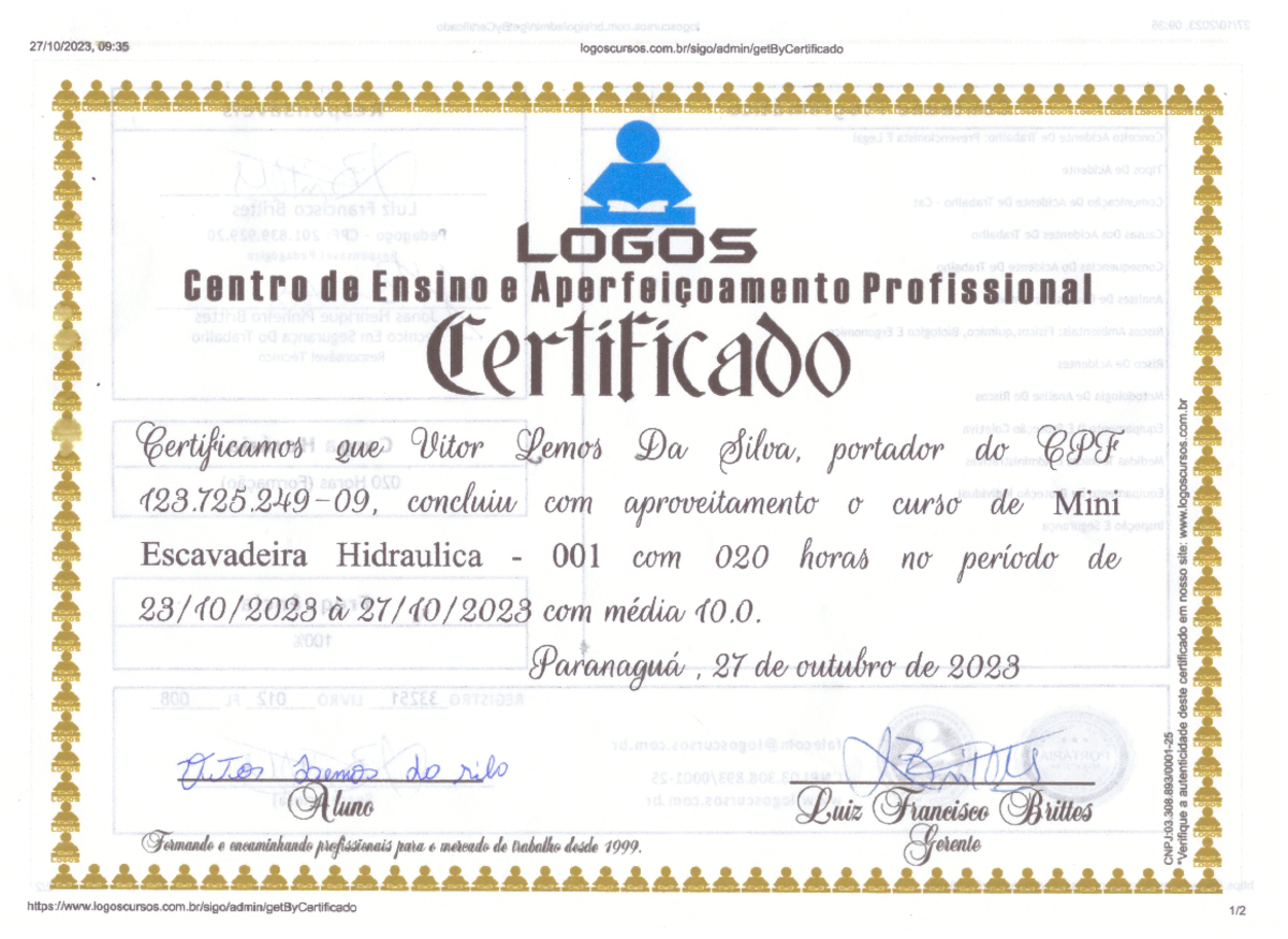 Certificado - MINI Escavadeira - Vitor - Controlador Lógico Programável - Studocu