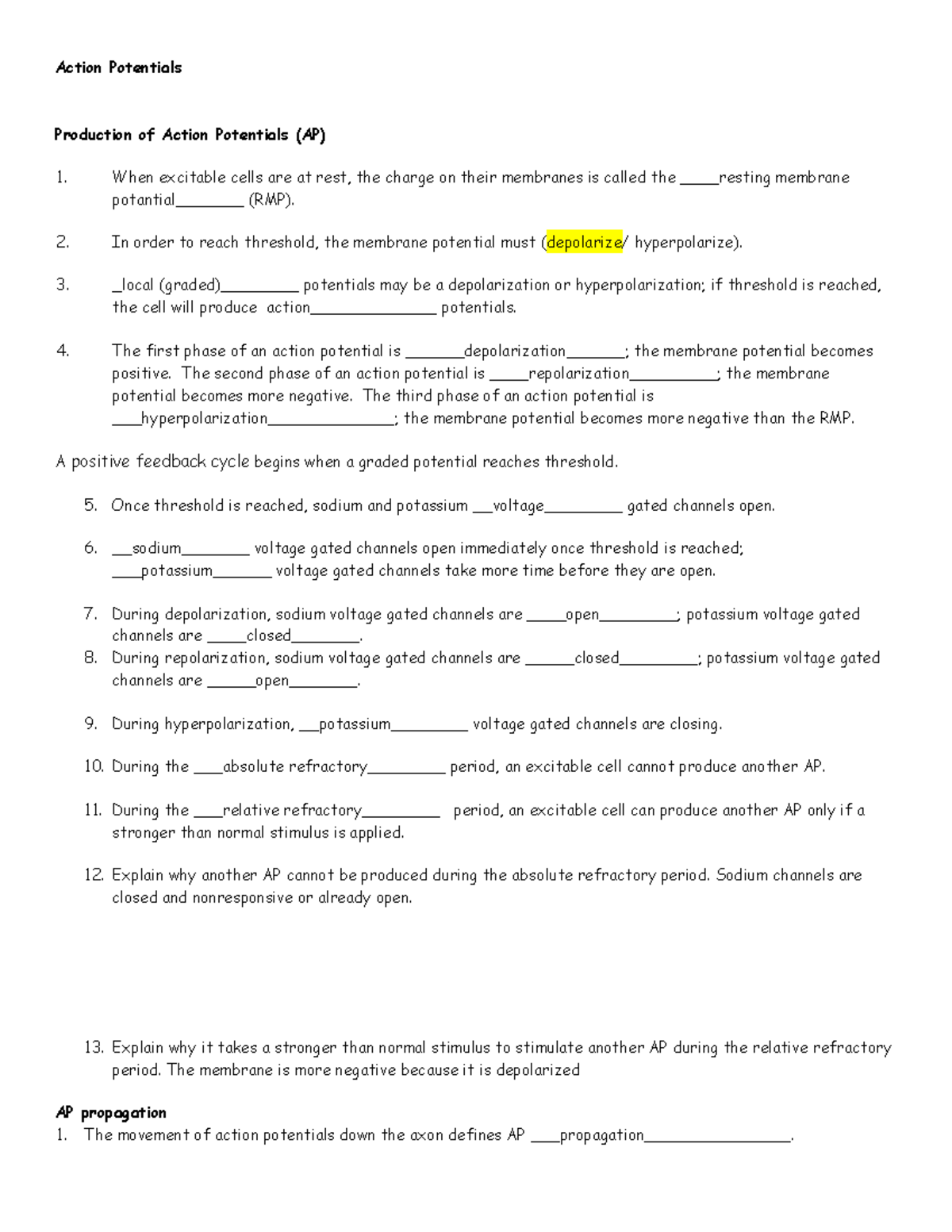 Ch 12 action potentials worksheet f18 - Action Potentials Production of ...