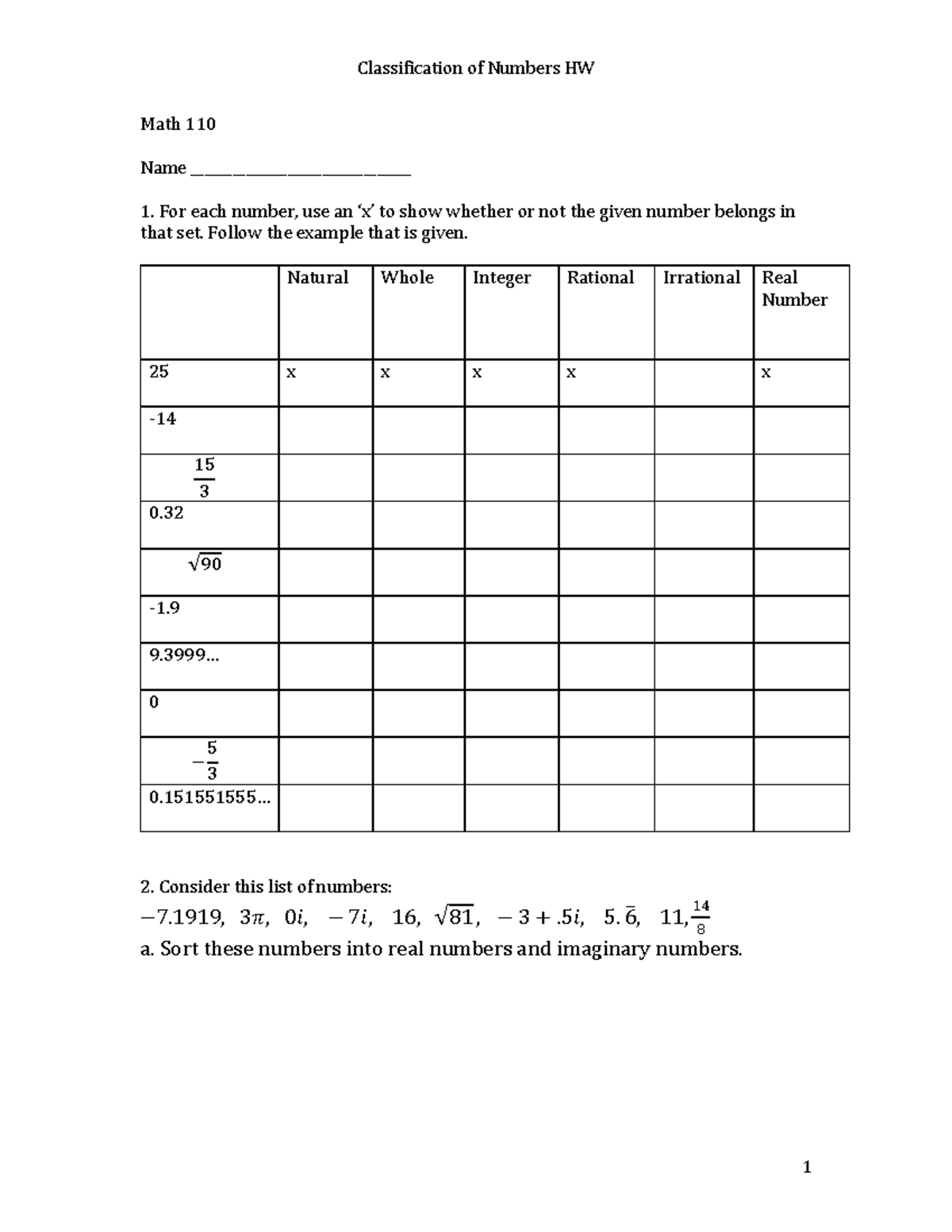5. Classification of Numbers HW Spring 2023 - Classification of Numbers ...