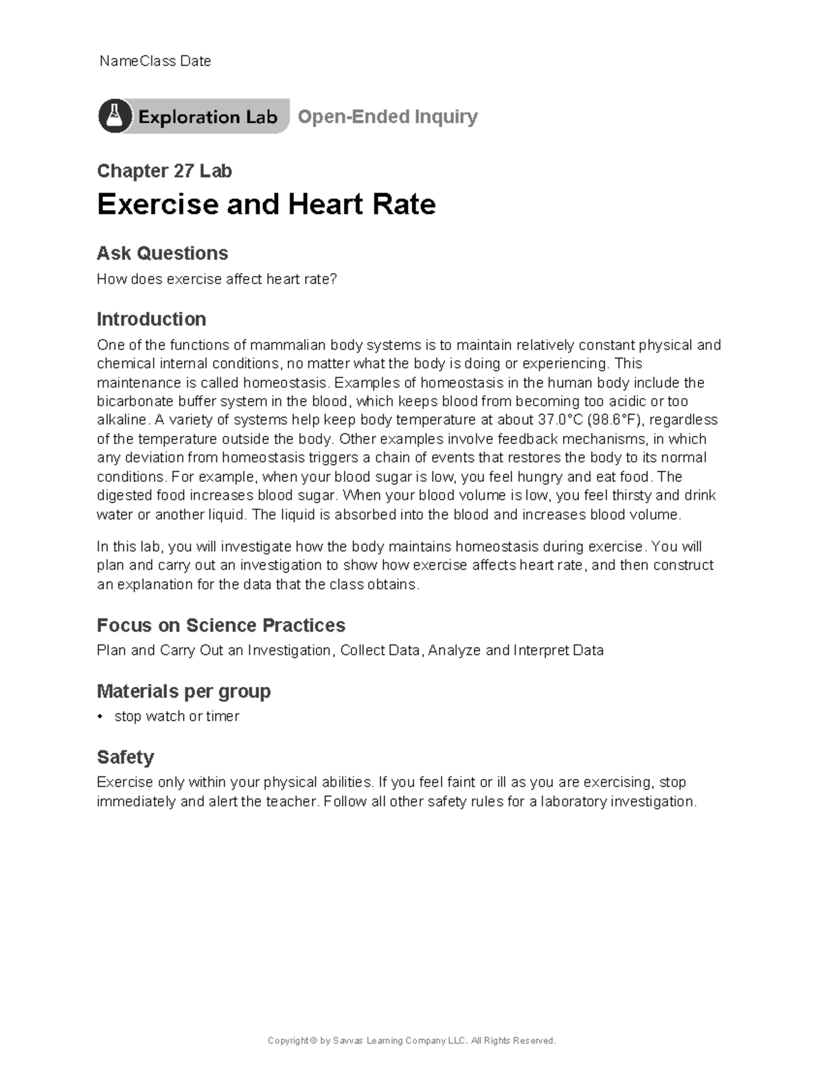 BIO CH27 Chapter Lab - Bio - Open-Ended Inquiry Chapter 27 Lab Exercise and Heart Rate Ask ...