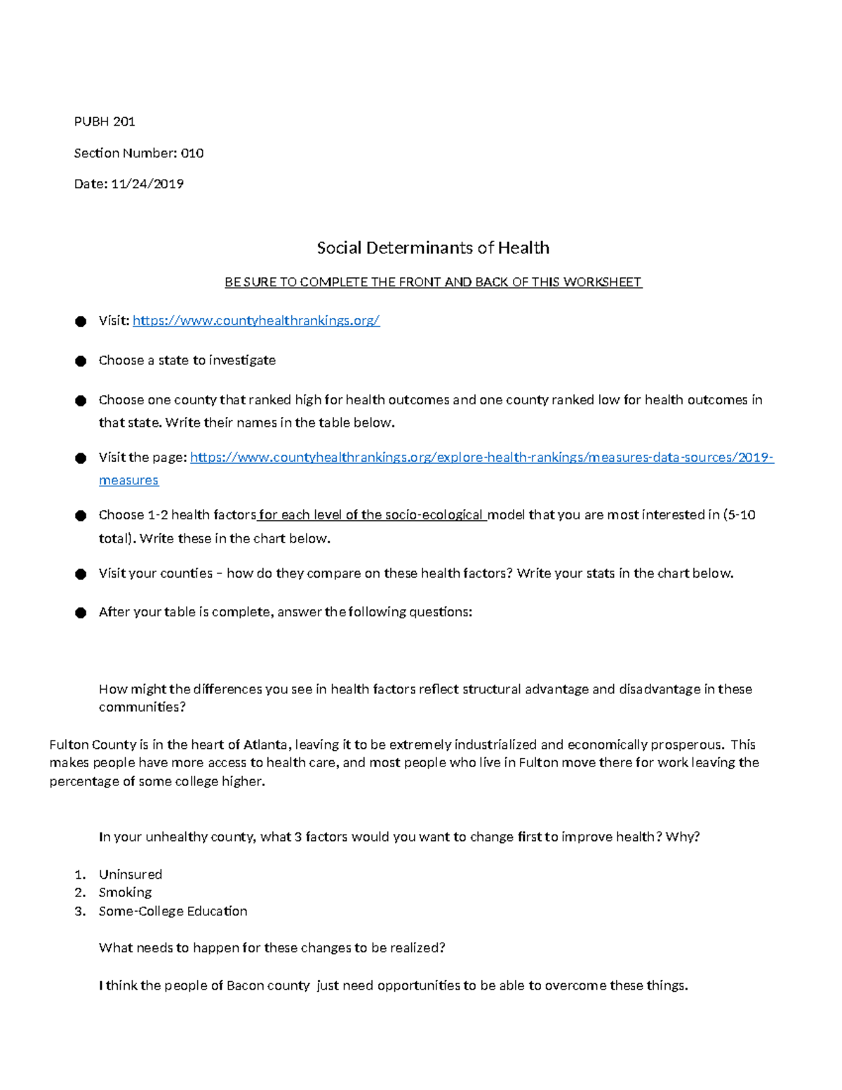 Social Determinants of Health Worksheet - PUBH 201 Section Number: 010 ...