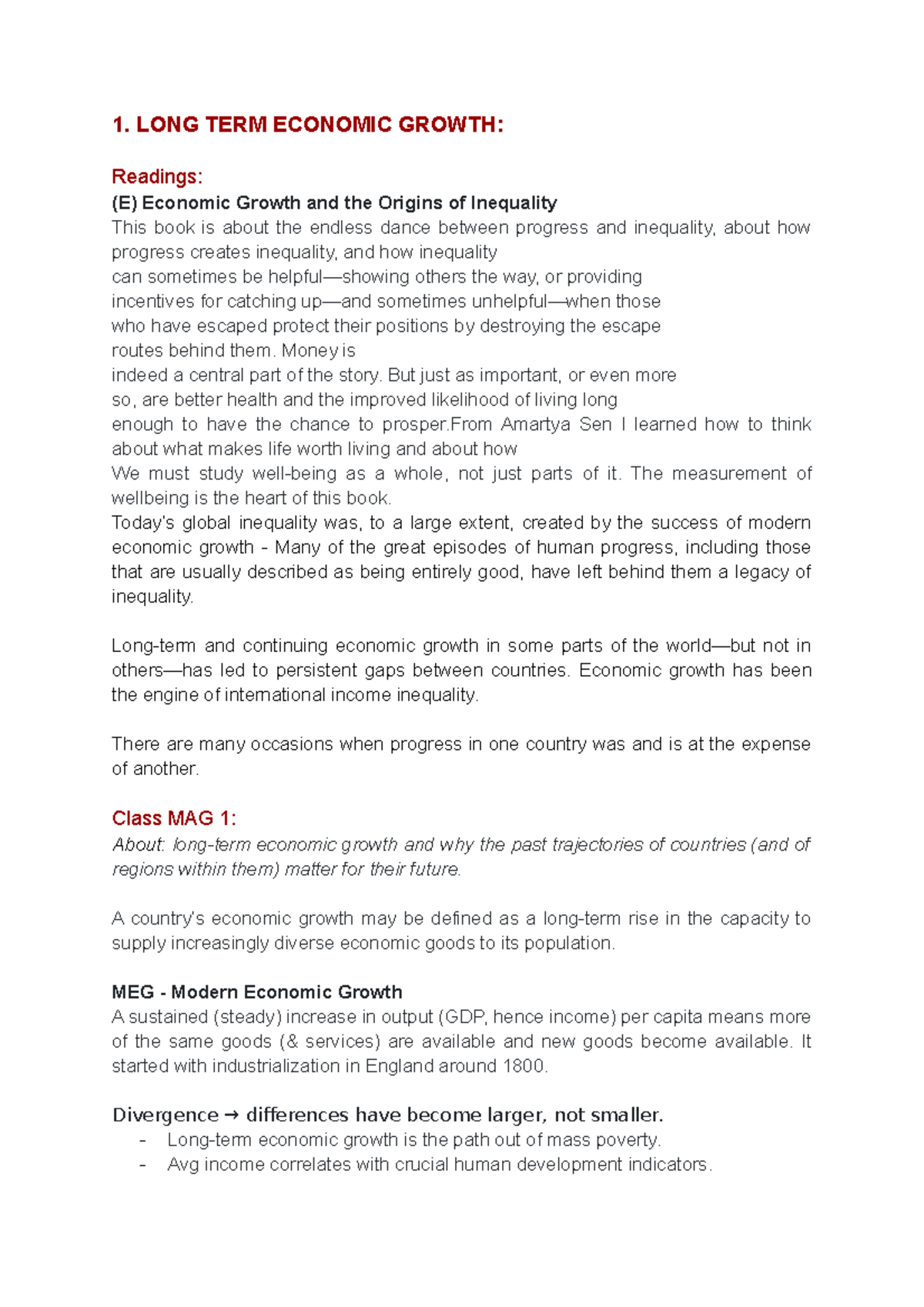 Economic History notes - 1. LONG TERM ECONOMIC GROWTH: Readings: (E ...