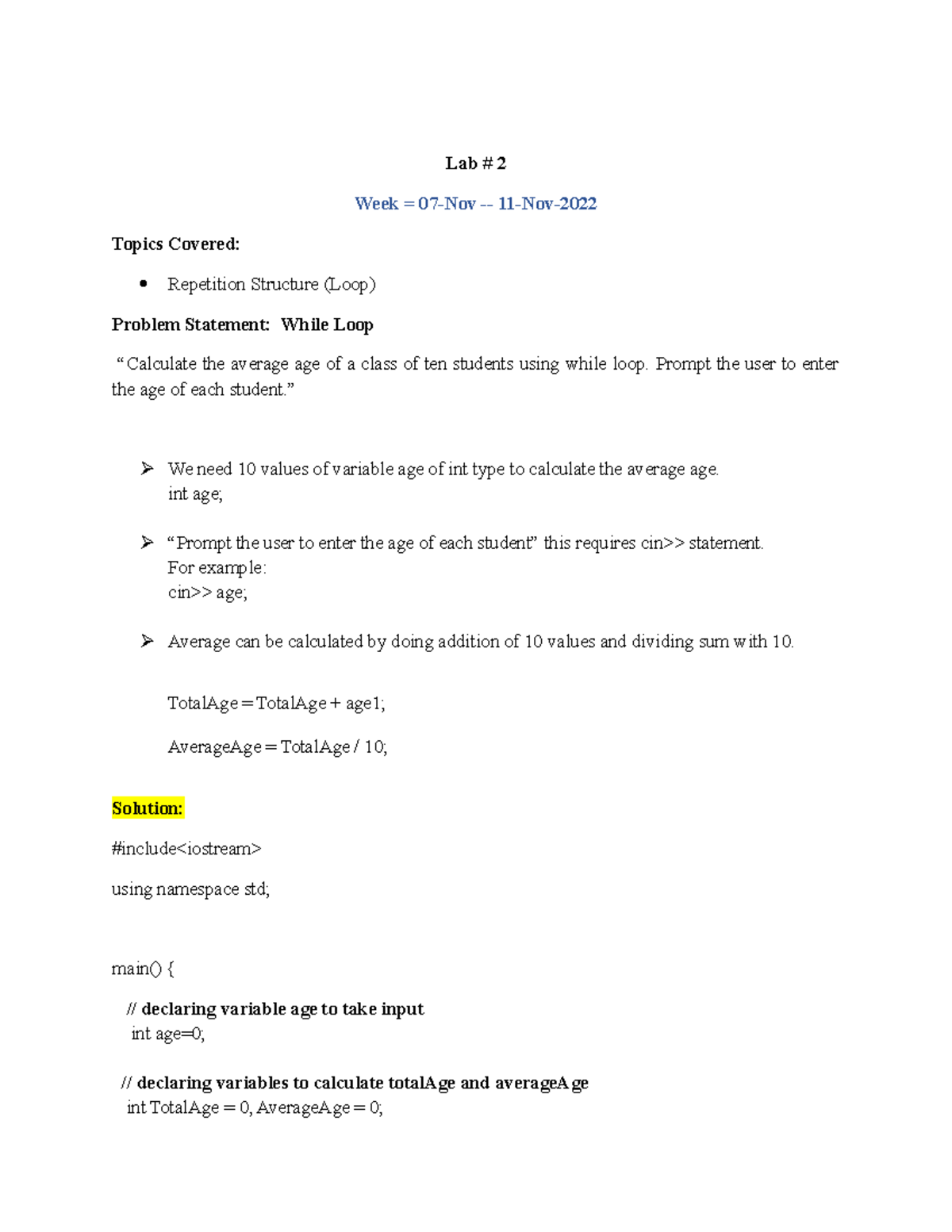 CS201Problem Statment - Lab # 2 Week = 07-Nov - 11-Nov- Topics Covered ...