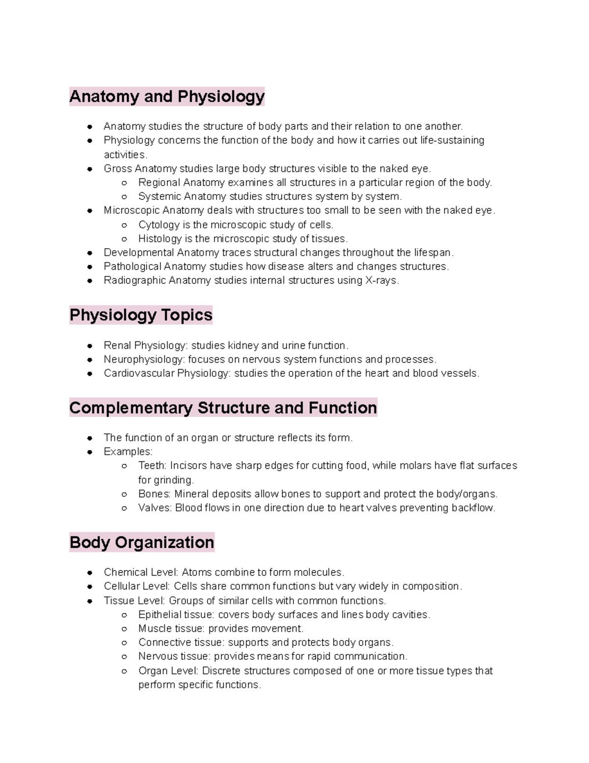 Anatomy and Physiology I Notes - Anatomy and Physiology Anatomy studies ...
