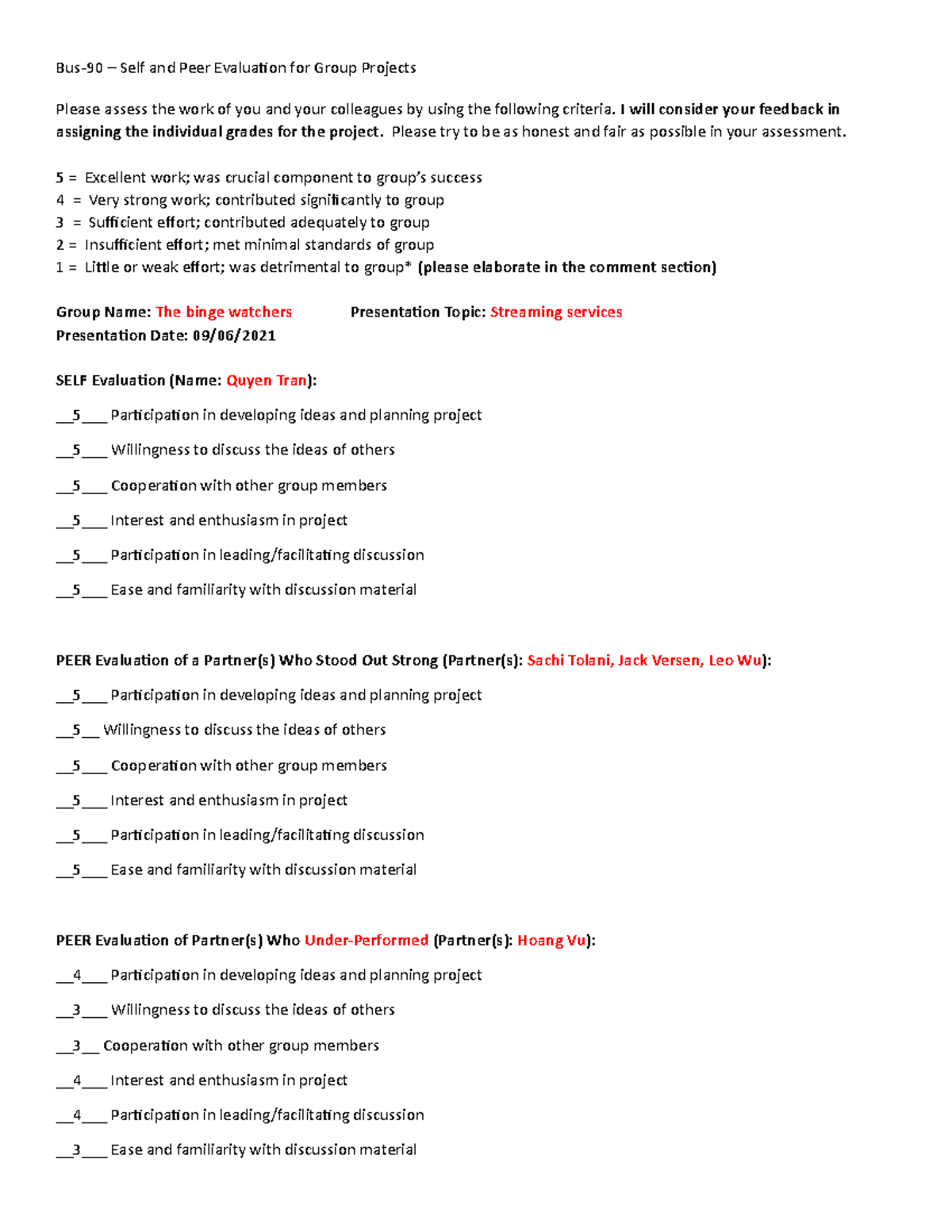 Self and Peer Evalution Forms - I will consider your feedback in ...