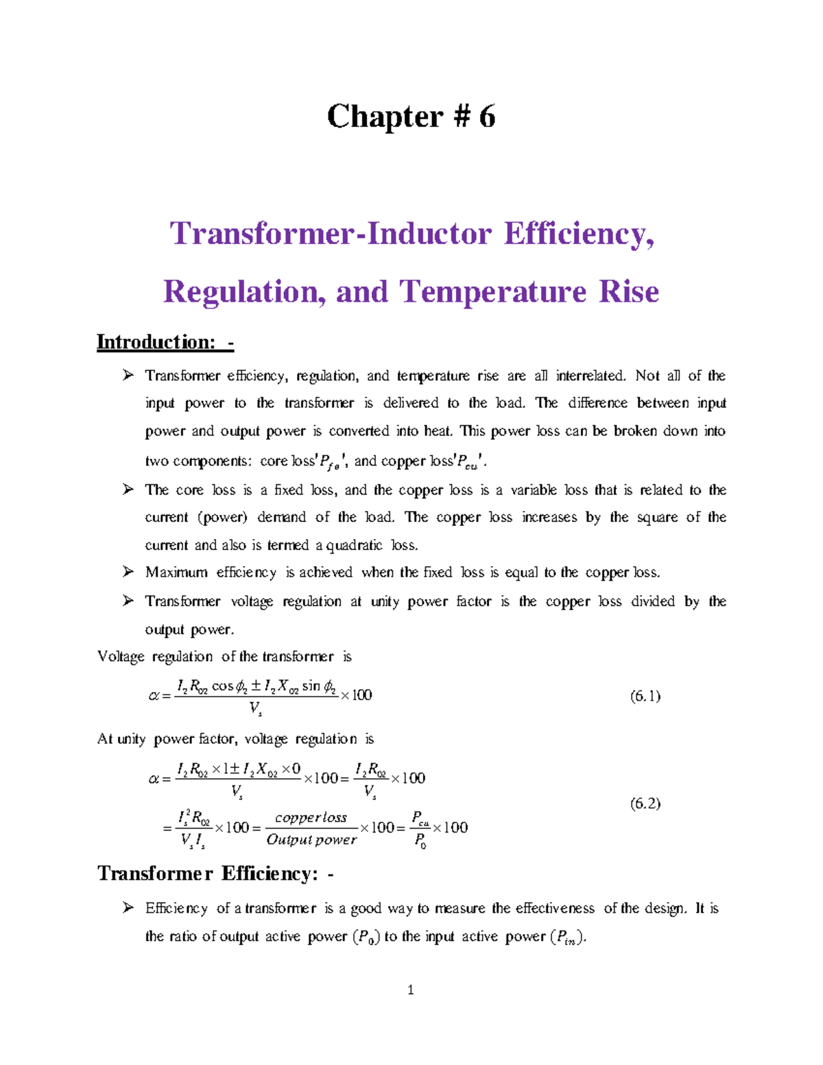 Chapter-6 - useful for study and research - 1 Chapter # 6 Transformer-Inductor Efficiency, - Studocu
