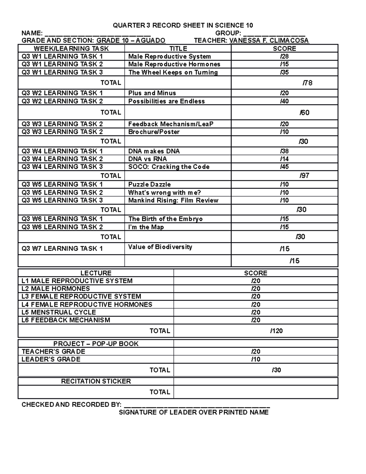 Quarter 3 Record Sheet IN Science 10 Aguado - NAME ...
