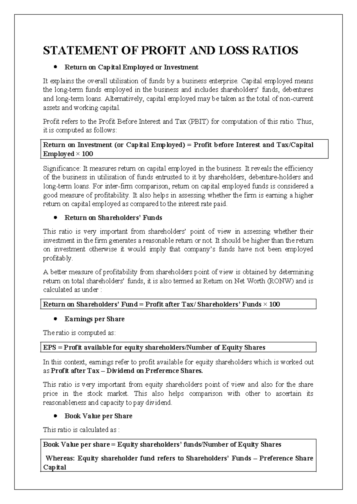 Ratio Analysis - STATEMENT OF PROFIT AND LOSS RATIOS Return on Capital ...