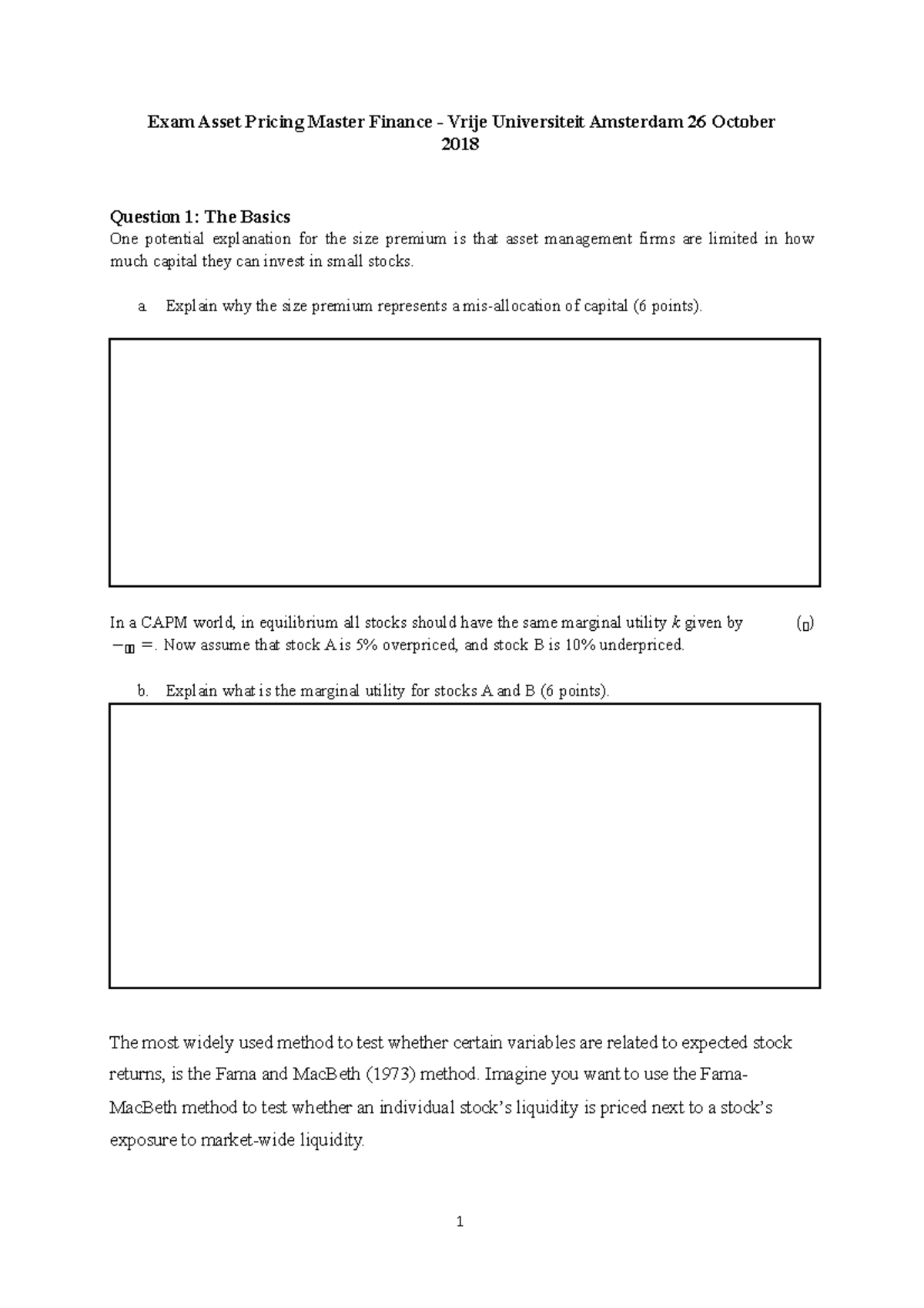 Exam Asset Pricing 2018-2019 + KEY - Exam Asset Pricing Master Finance ...