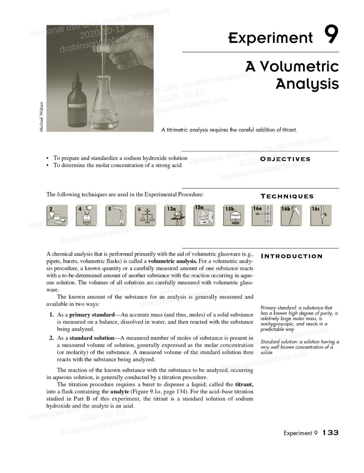2023 10 09 CHEM 1411 001 42104 Beran 10e Experiment 9 - A Volumetric Analysis - Annotated ...