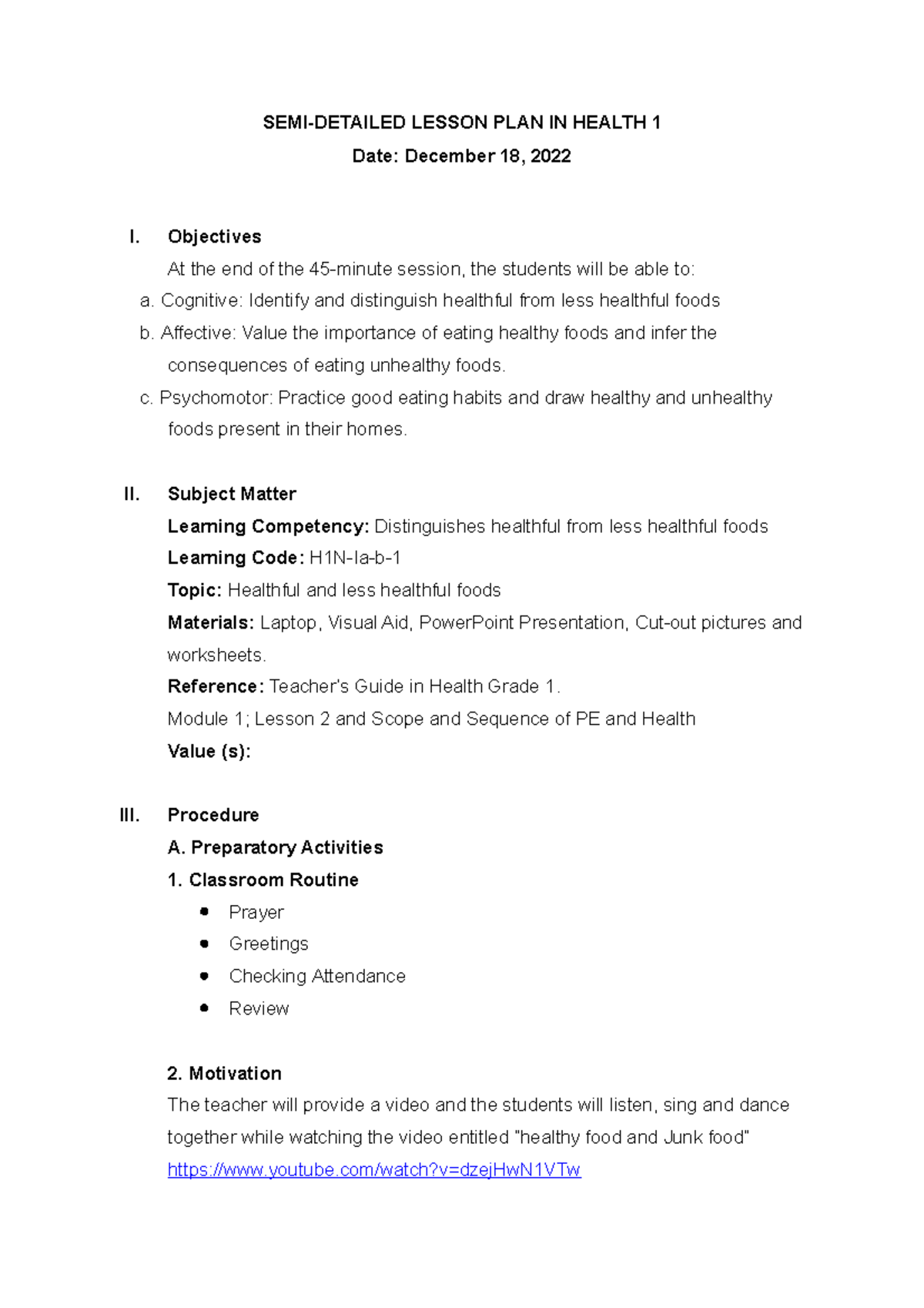 Leson Plan in PE subject - SEMI-DETAILED LESSON PLAN IN HEALTH 1 Date ...