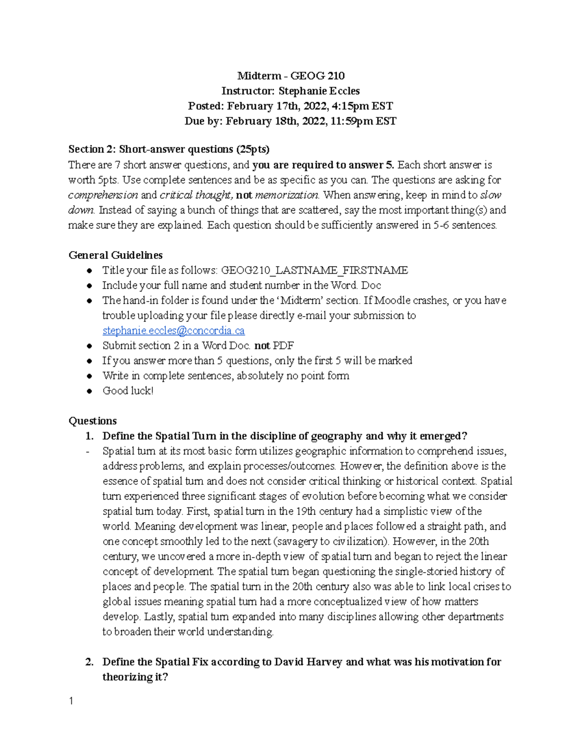 GEOG 210 midterm - Midterm - GEOG 210 Instructor: Stephanie Eccles ...